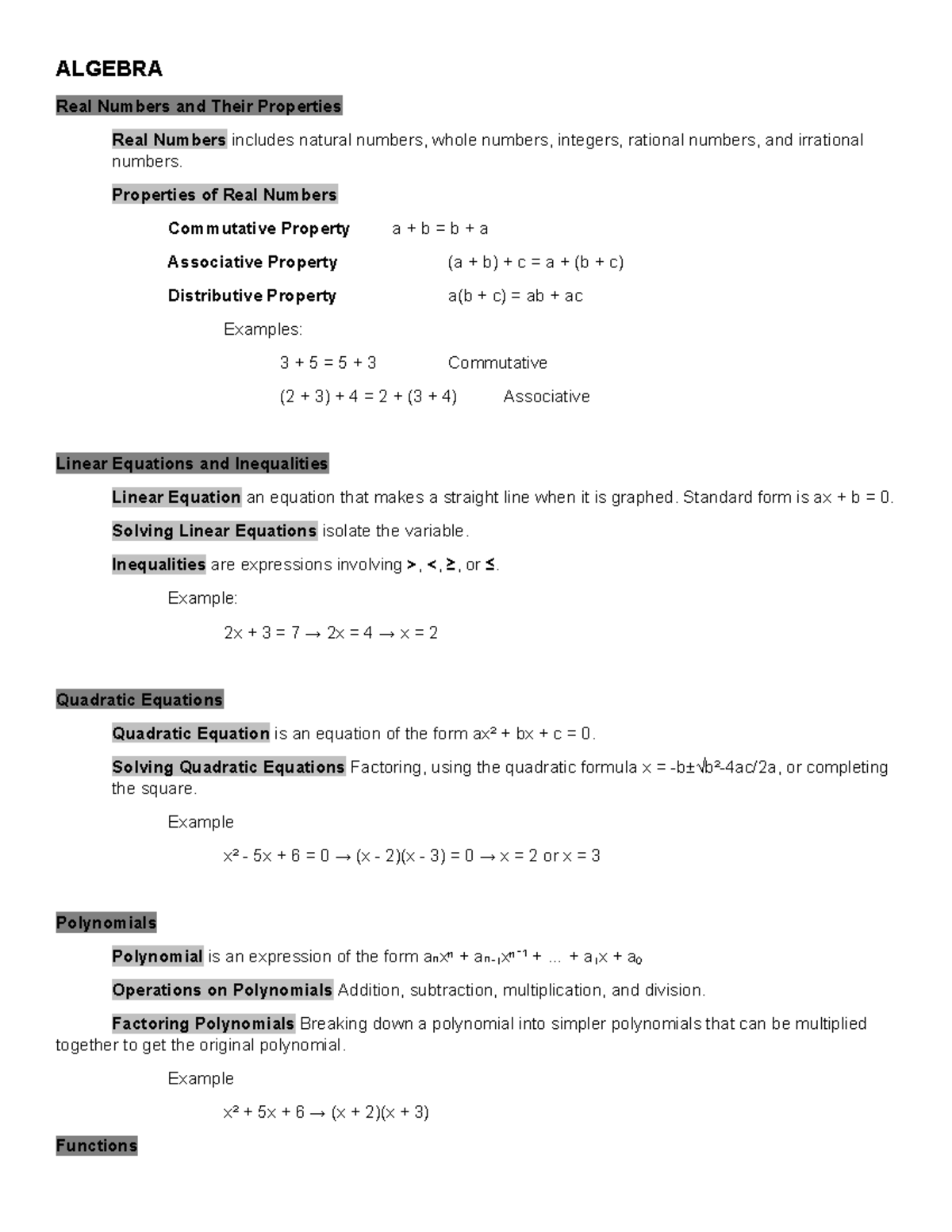 AALGTRIG - lecture notes - ALGEBRA Real Numbers and Their Properties ...