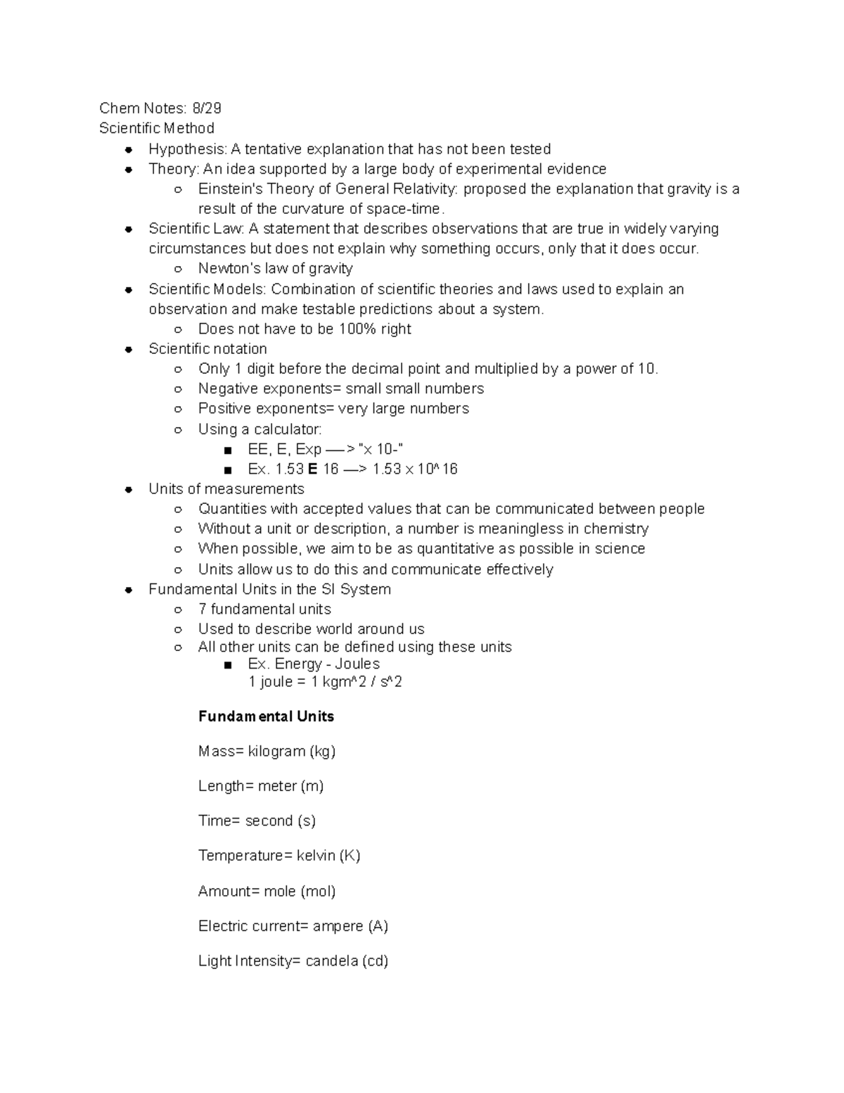 Chem Unit 1 Notes - Chem Notes: 8/ Scientific Method Hypothesis: A ...
