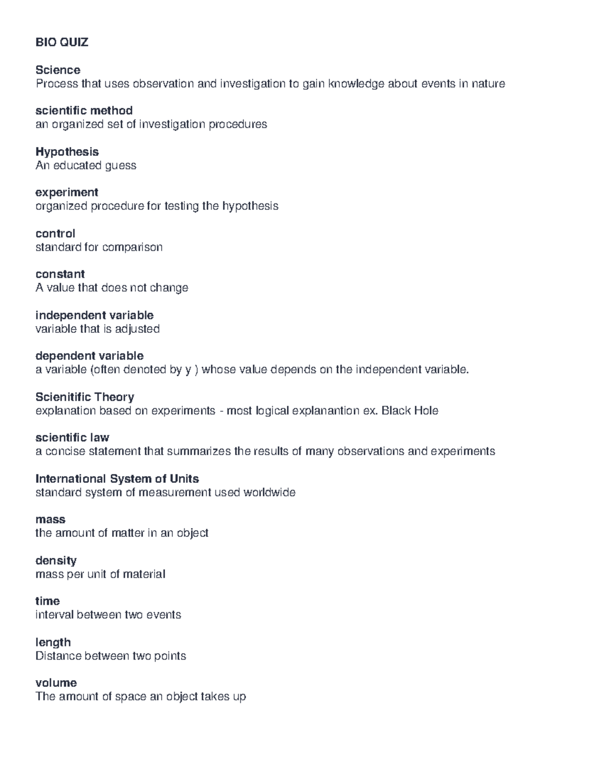 Biology quiz - BIO QUIZ Science Process that uses observation and ...