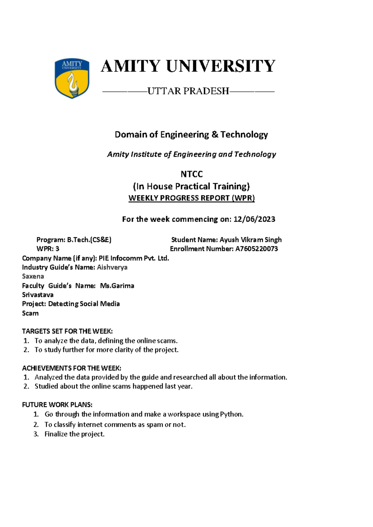 WPR 3 - Domain of Engineering & Technology Amity Institute of ...