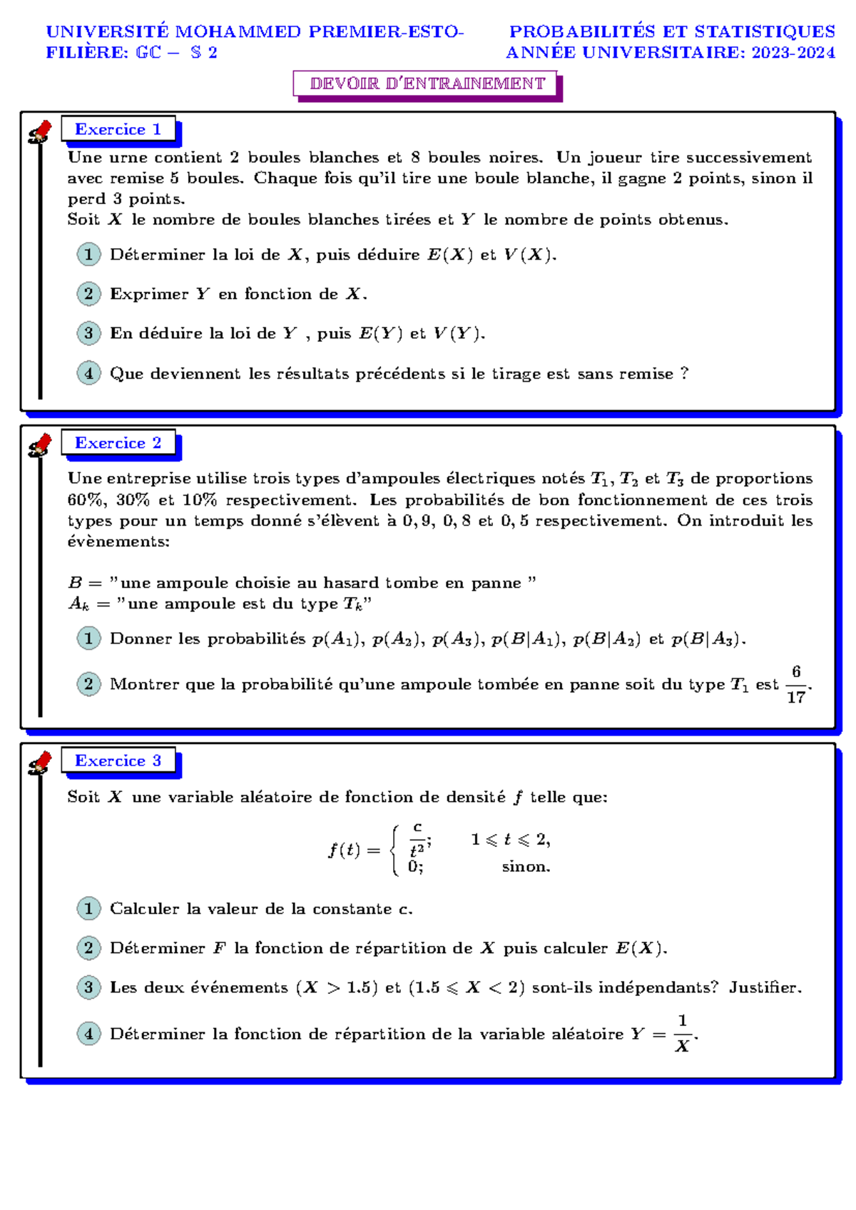 DL1- Proba - UNIVERSIT ́E MOHAMMED PREMIER-ESTO- PROBABILIT ́ES ET ...