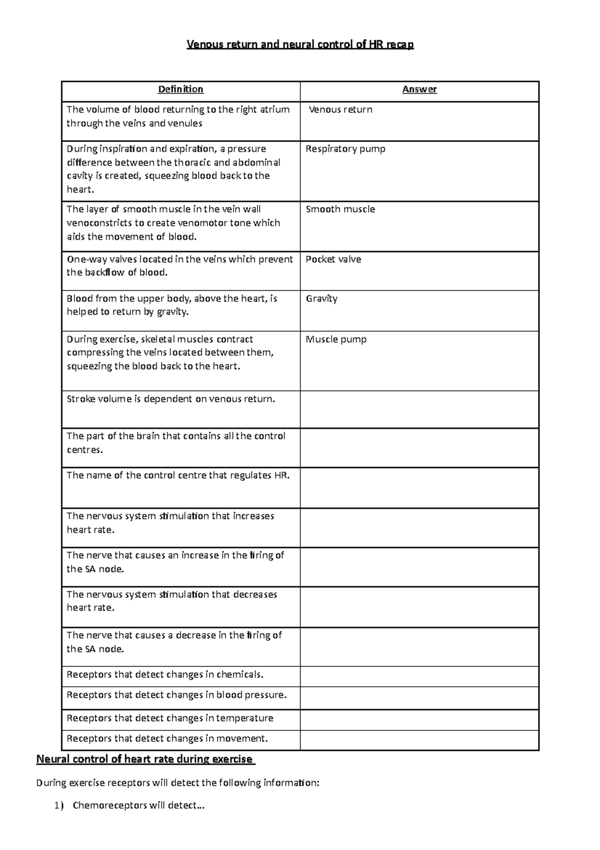 Venous return and HR regulation - Venous return and neural control of ...