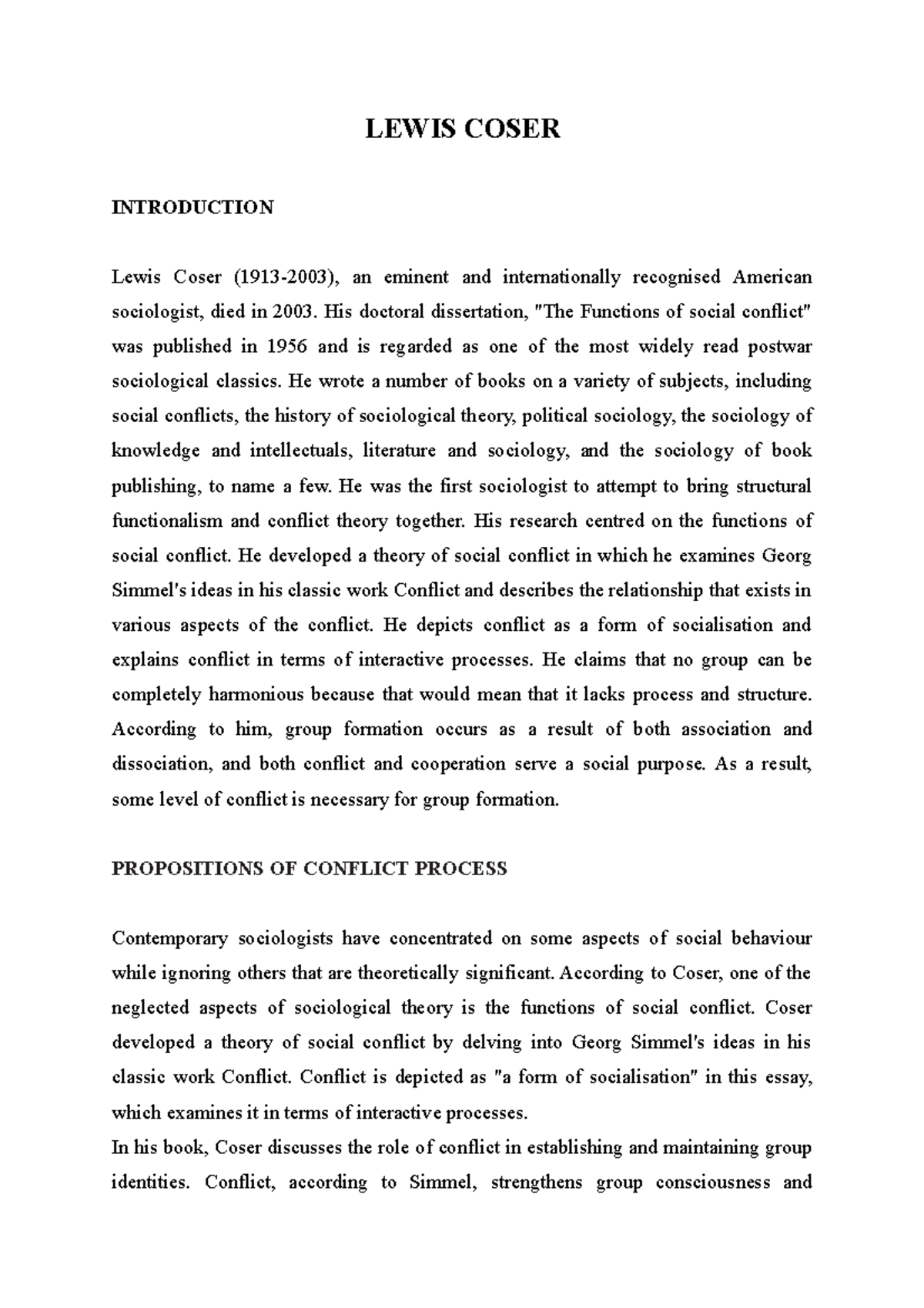 Lewis Coser - Lecture notes 7 - LEWIS COSER INTRODUCTION Lewis Coser ...