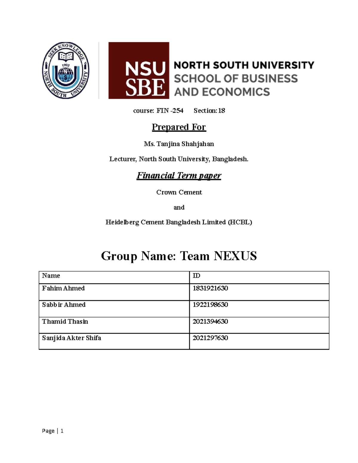 FIN254 Term-Paper-Crown-and-heidleberg-cement 3 - Page | 1 course: FIN ...