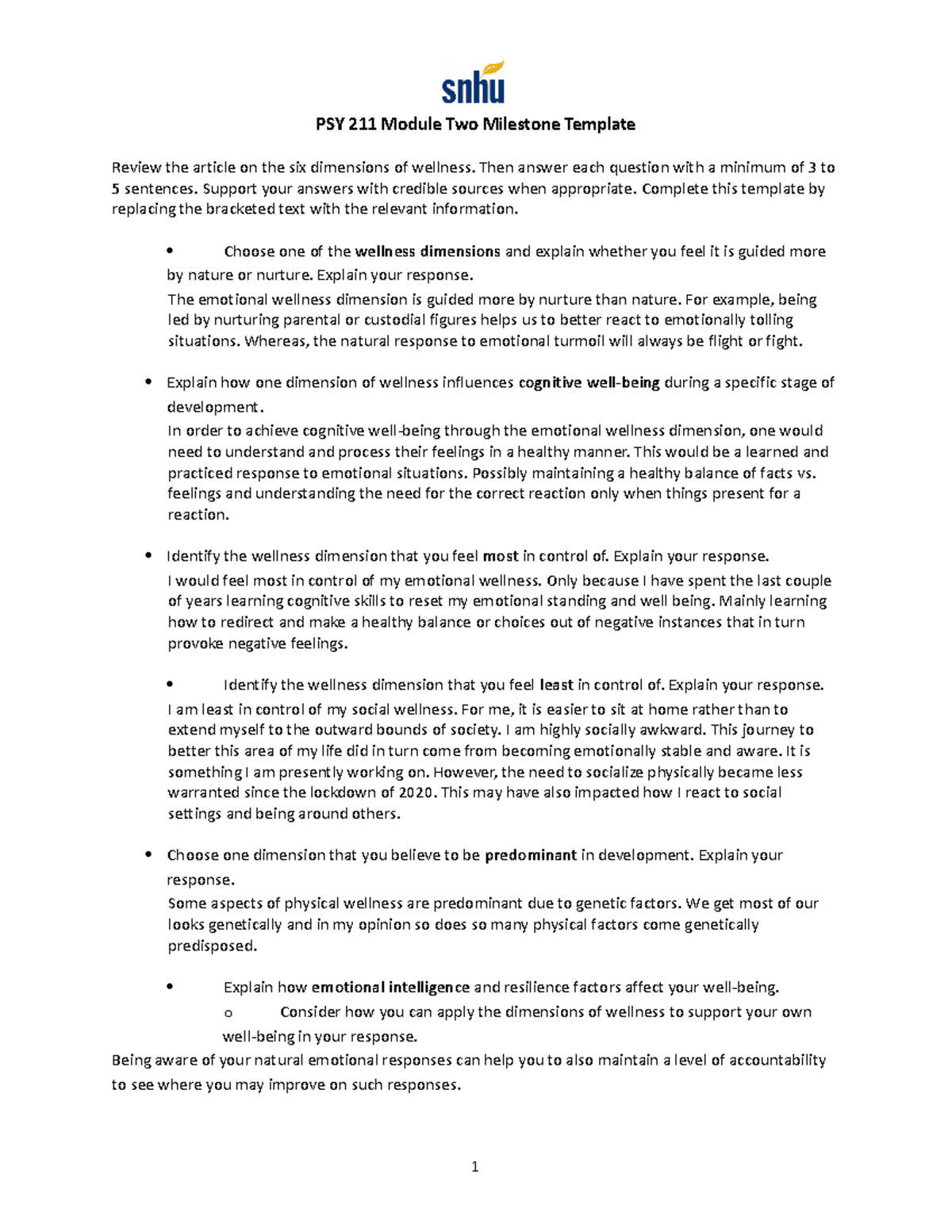PSY 211 Module 2 Milestone - PSY 211 Module Two Milestone Template ...