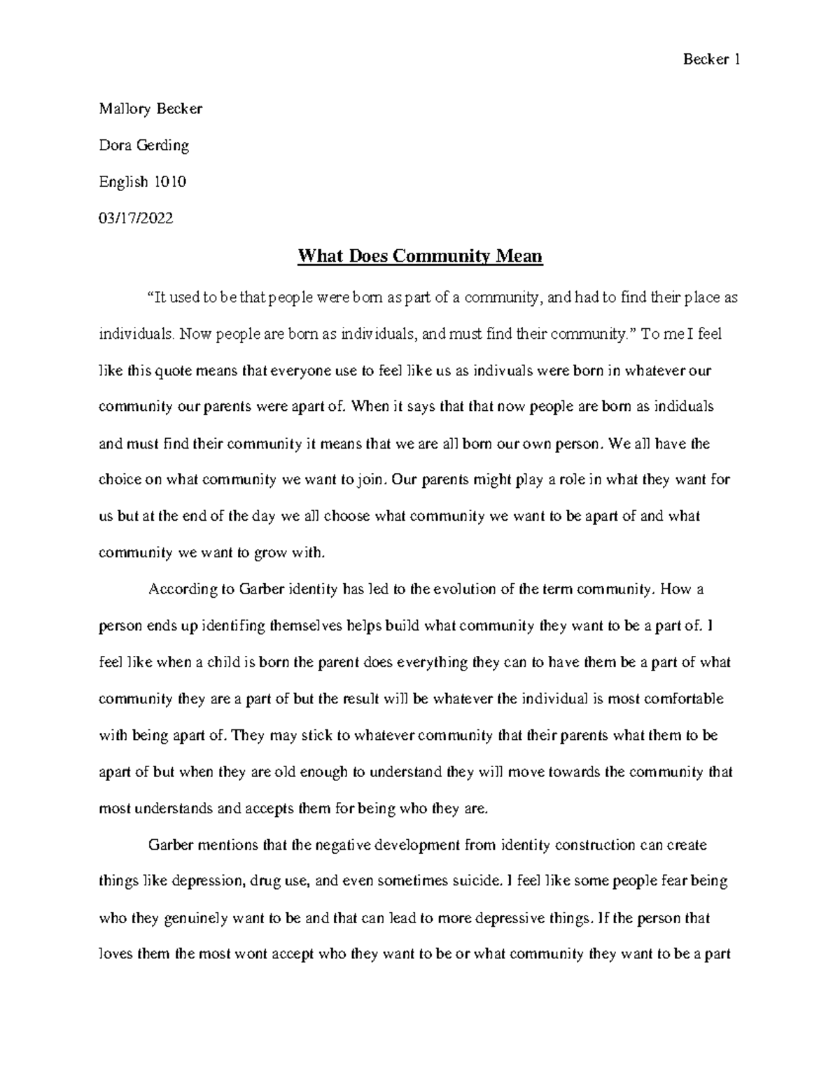 What Does Community Mean - ENGL 1010 - MCC - Studocu