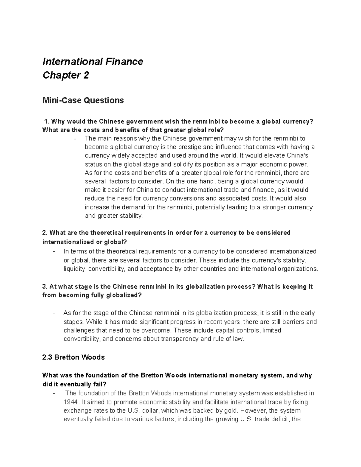Chapter 2 International Biz - International Finance Chapter 2 Mini-Case ...