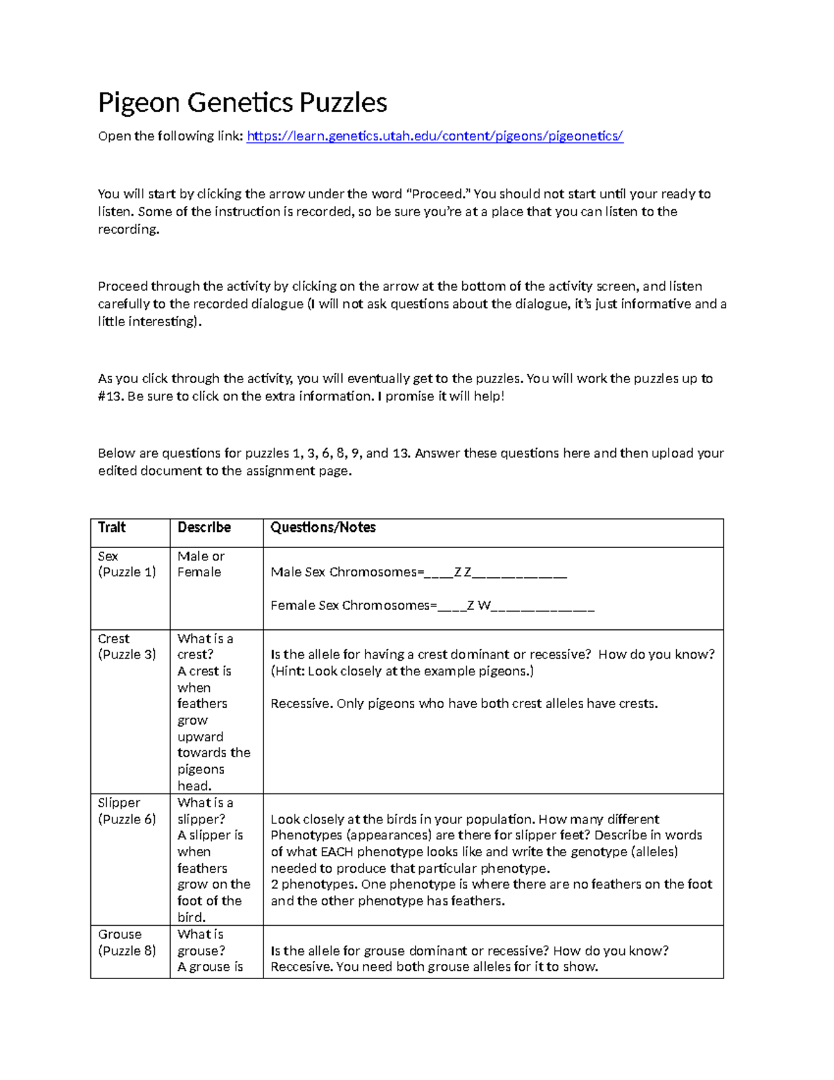 Pigeon Genetics Puzzles Finished - Pigeon Genetics Puzzles Open the ...