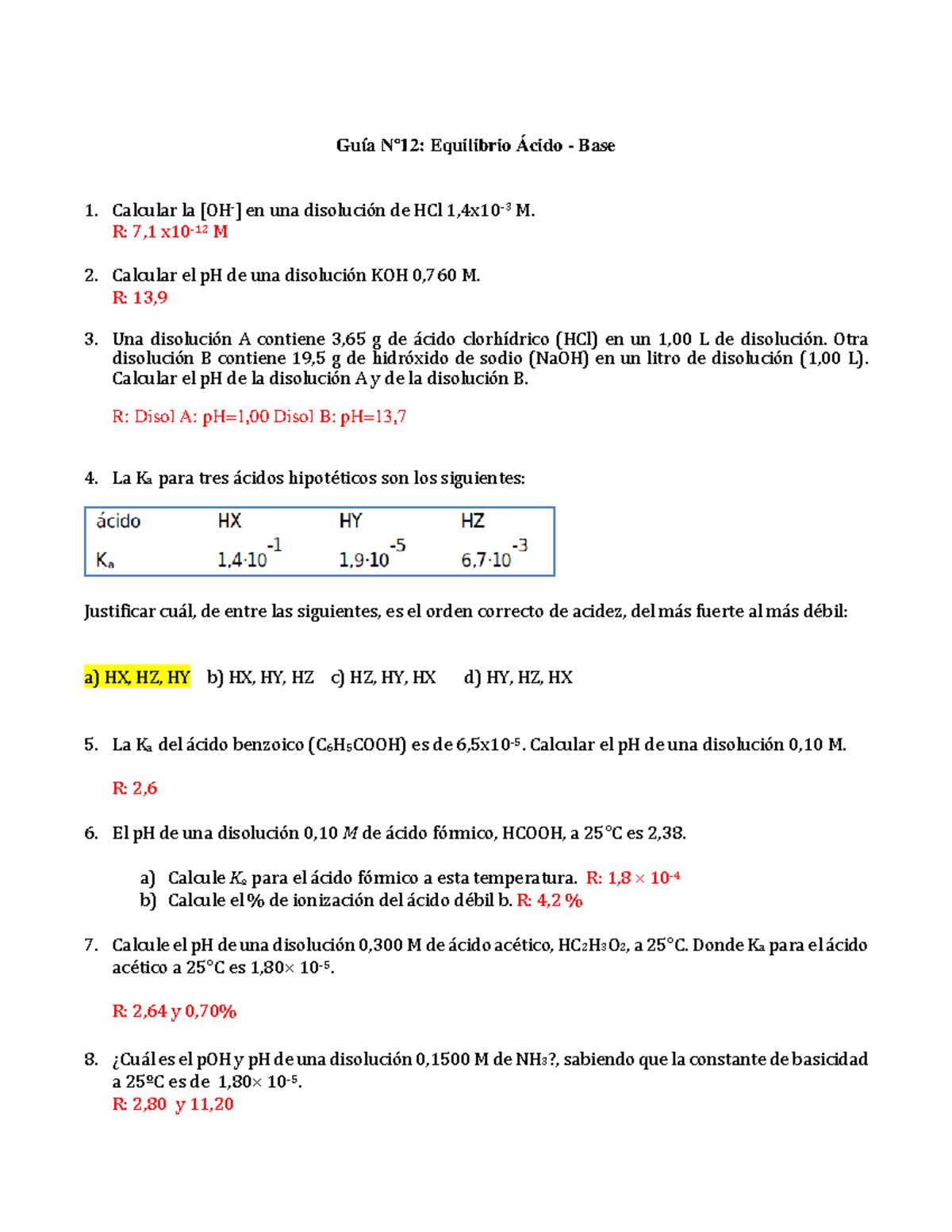 Gui a 12- Equilibrio A cido - Base - Guía Nº 12 : Equilibrio Ácido - Base Calcular la [OH-] en ...