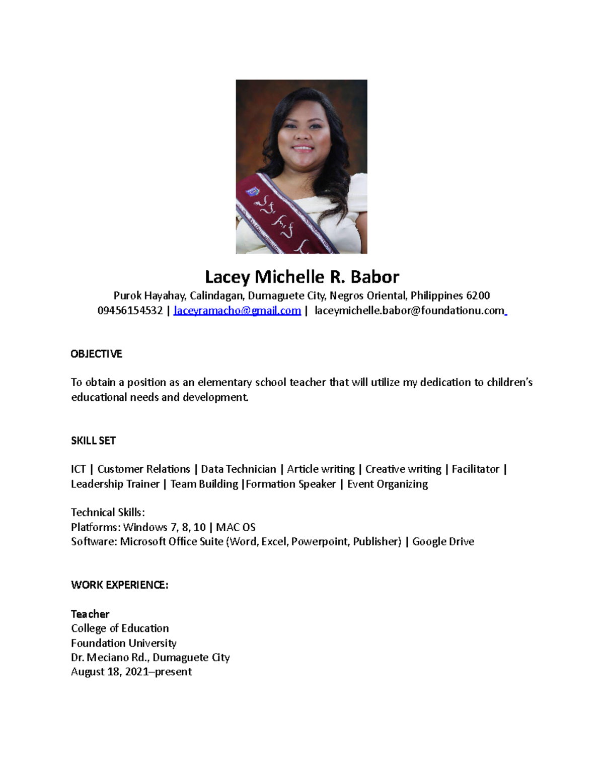 Curriculum Vitae - BSED-Filipino - Lacey Michelle R. Babor Purok ...