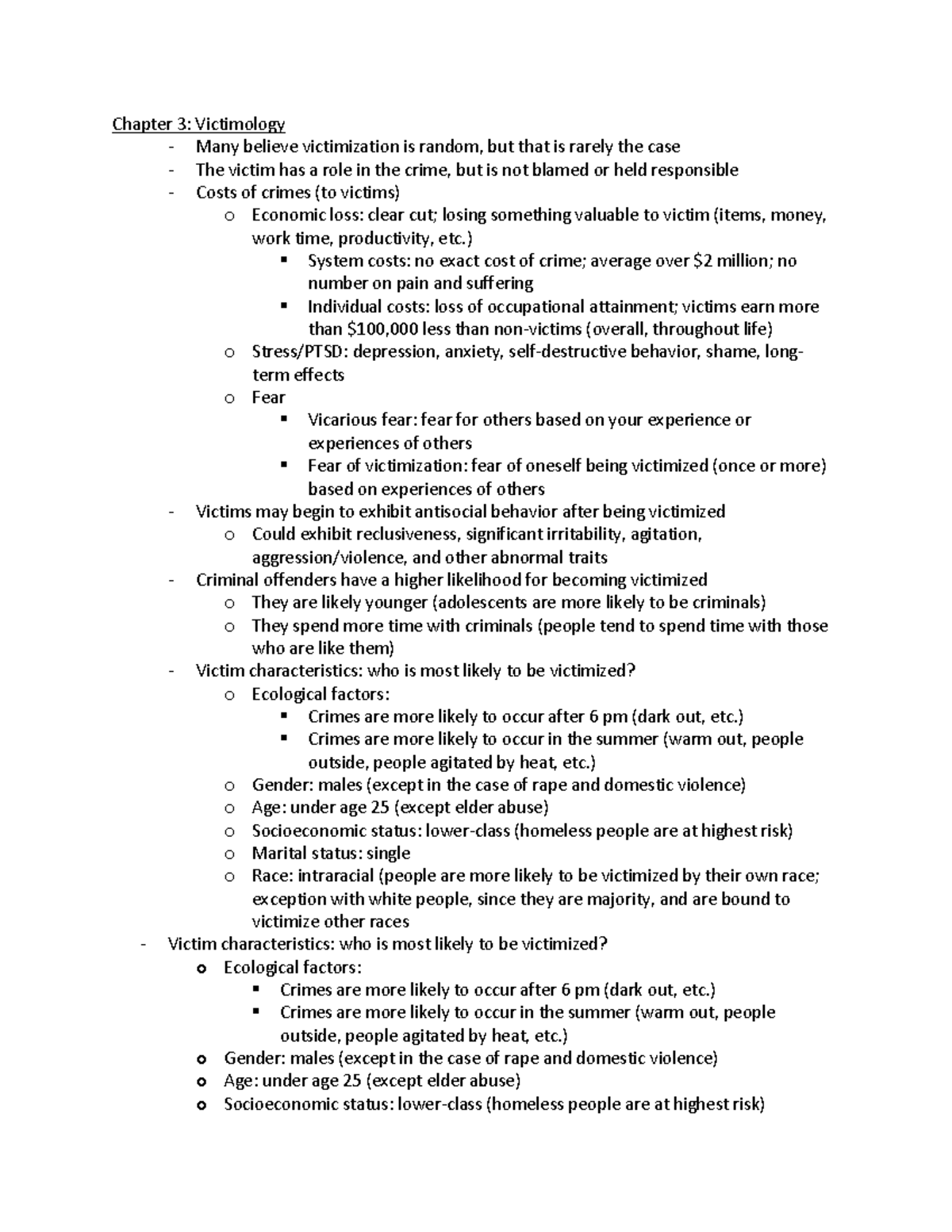 Intro To Crim Chapter 3 Notes On Victimology Amy Shlosberg Chapter