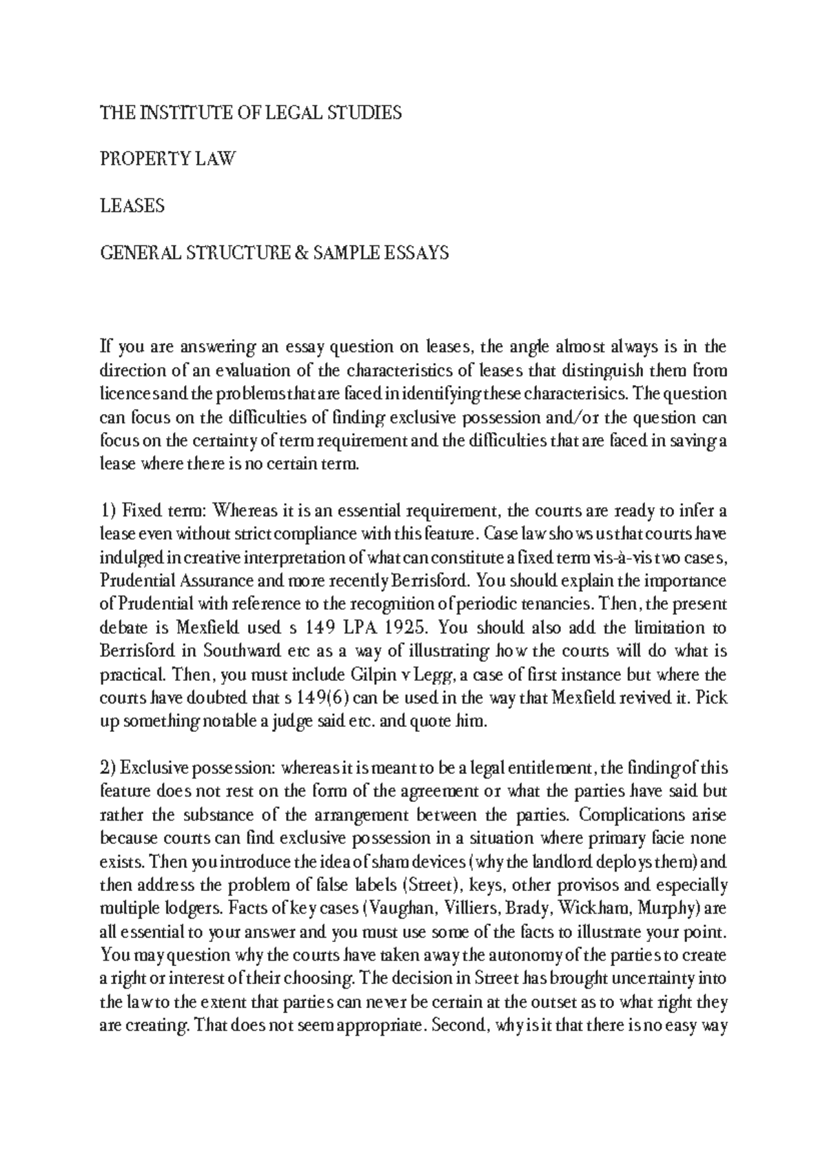 Essay Pointers Leases - THE INSTITUTE OF LEGAL STUDIES PROPERTY LAW ...