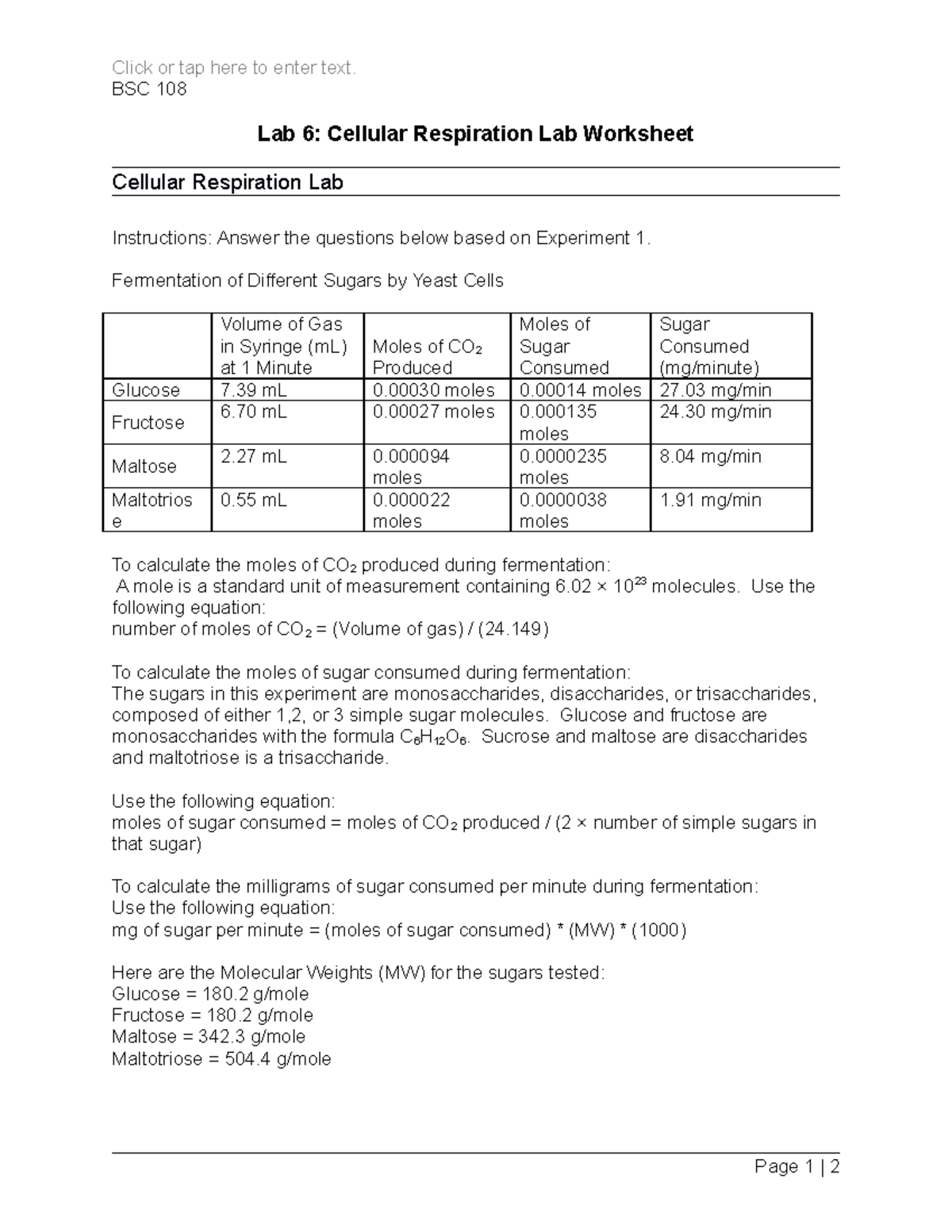 Lab 6 Cellular Respiration Worksheet - Click or tap here to enter text ...