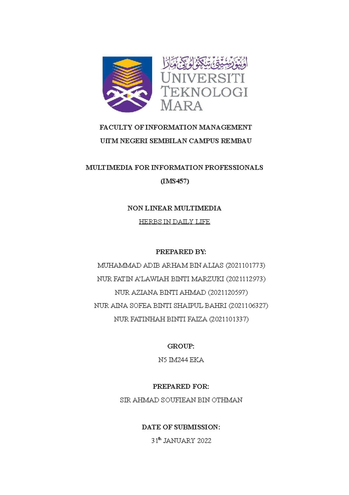 GROUP PROJECT SUBJEK IMS457 UITM REMBAU - Multimedia for Information ...