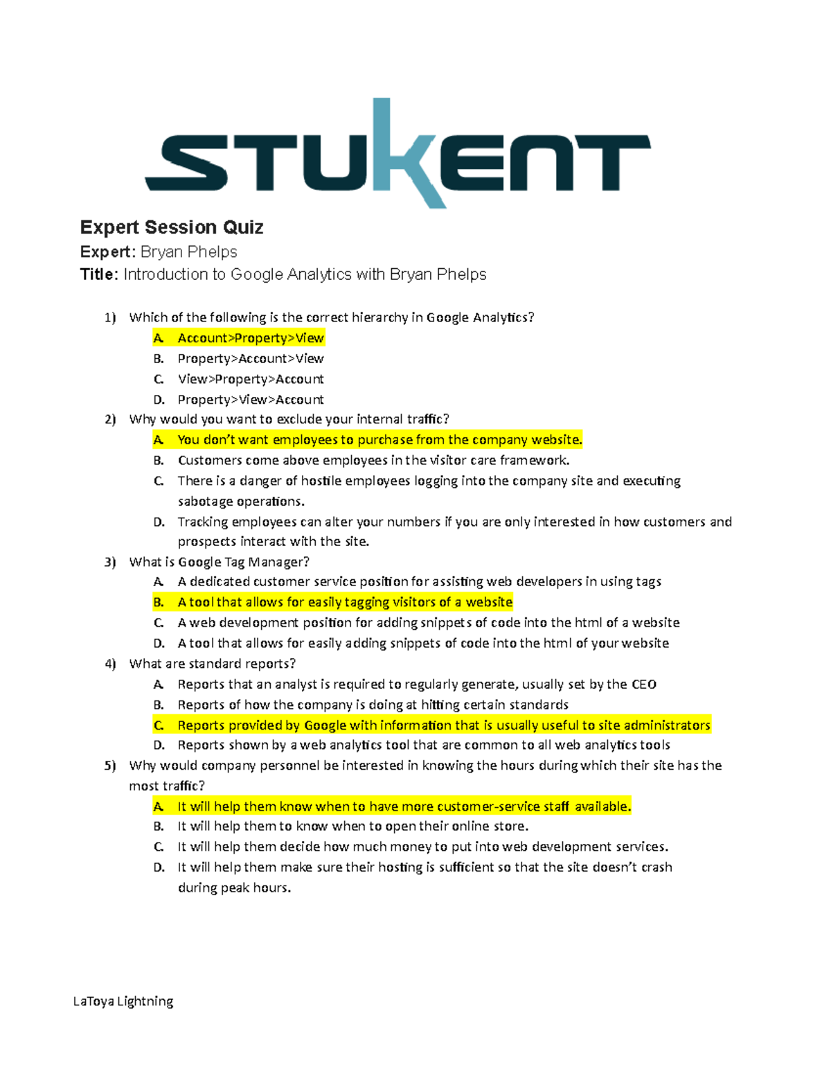 Expert Sessions Quiz Bryan Phelps-Intro to Google Analytics - Expert ...
