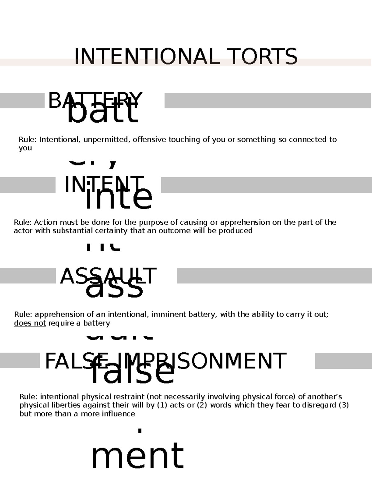 Intentional Torts - INTENTIONAL TORTS BATTERY batt ery INTENT inte nt ...