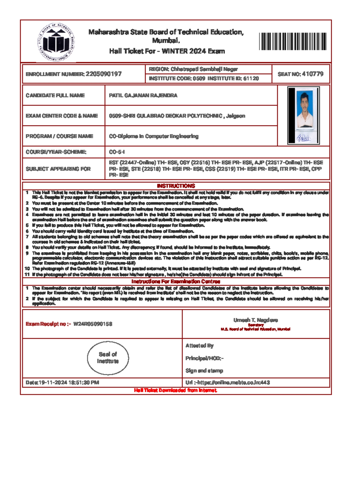 Gajanan 2 - Hall ticket - Maharashtra State Board of Technical Education, Mumbai. Hall Ticket ...