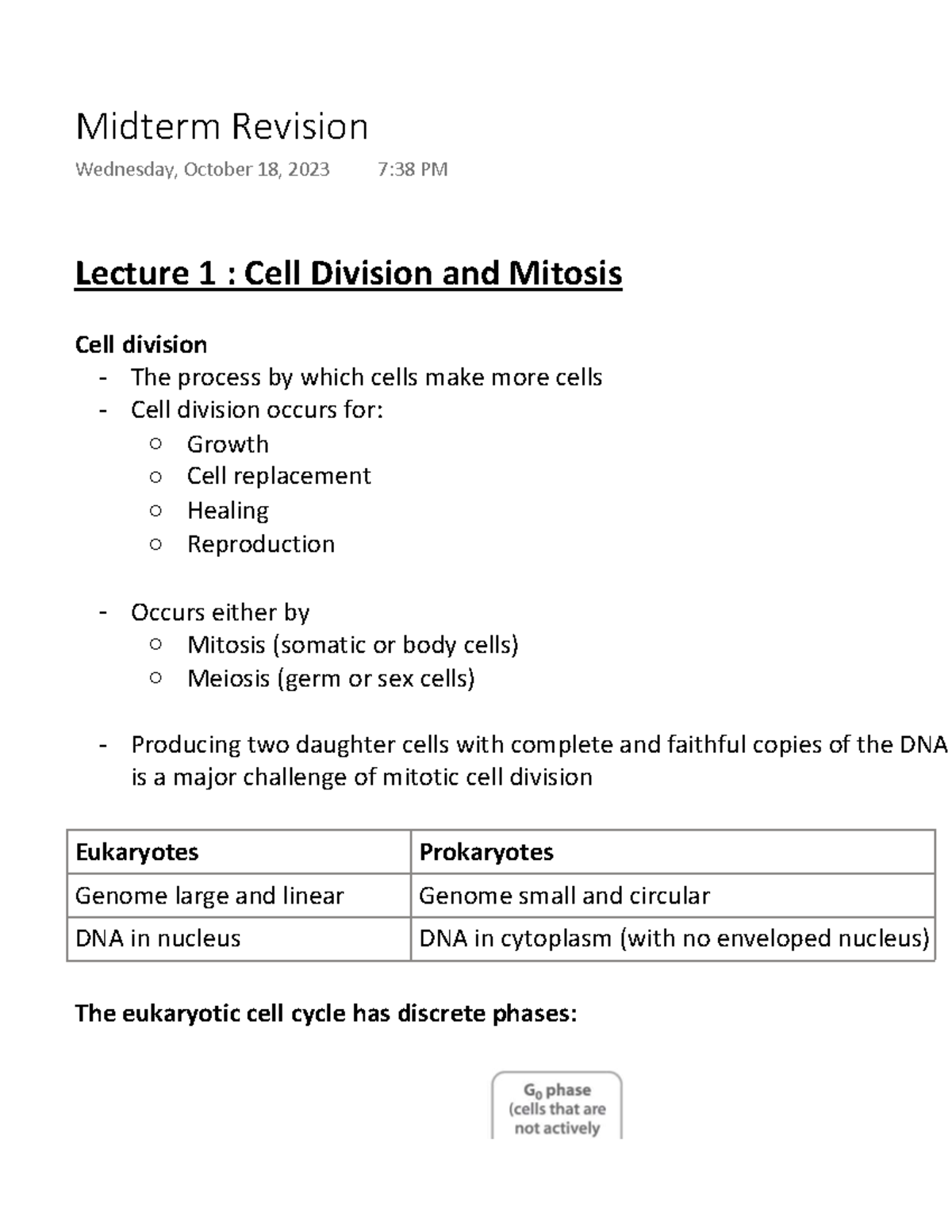 Midterm Revision - Lecture 1 : Cell Division and Mitosis Cell division ...