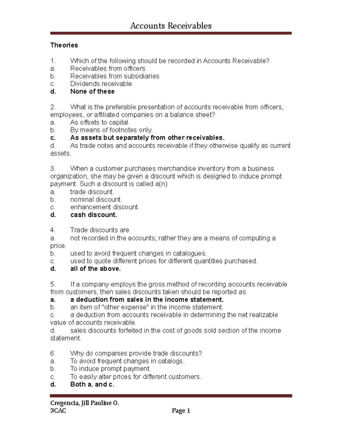 Pdfcoffee - Accounts Receivable - Theories Which of the following should be recorded in Accounts ...