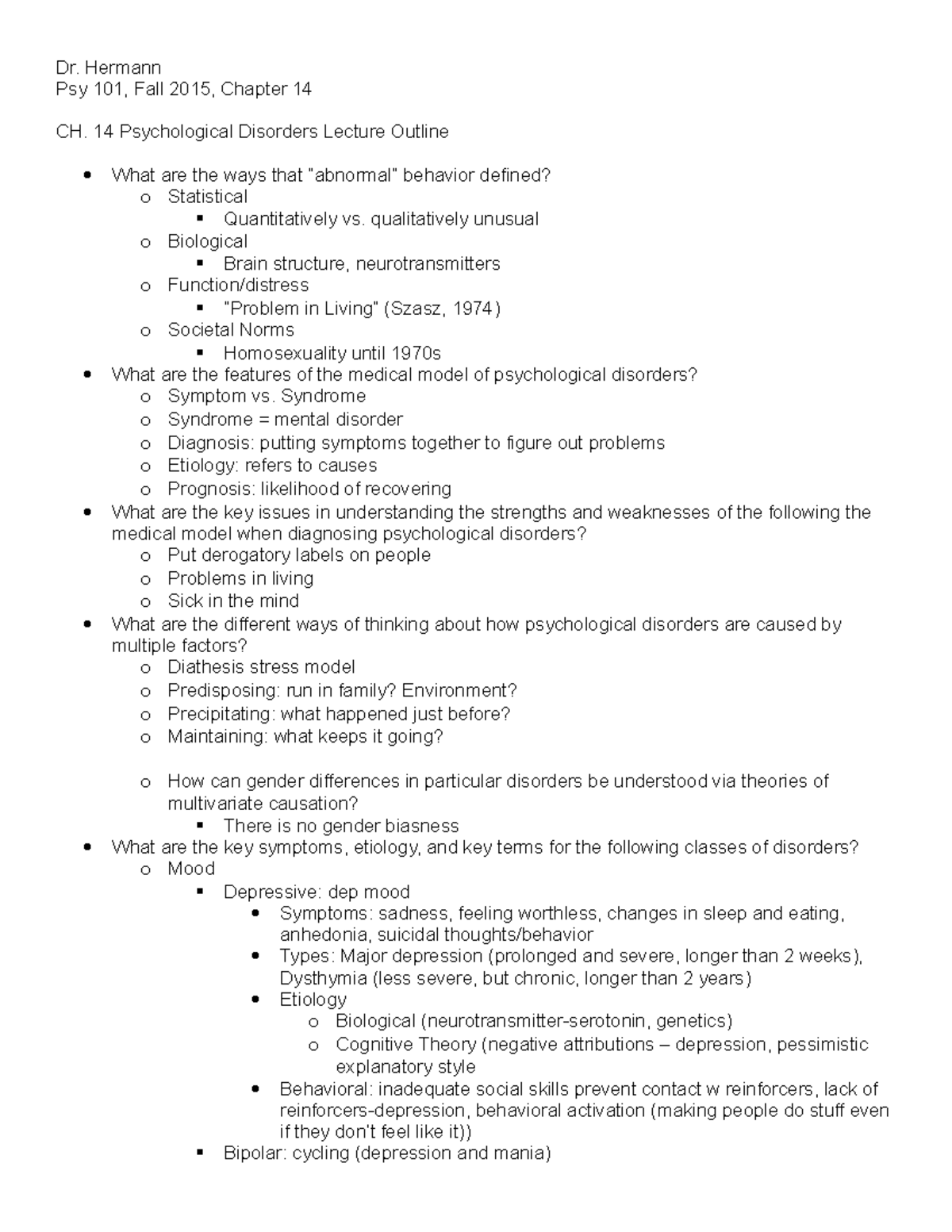 Chapter 14 Study Guide (Exam 3) - Dr. Hermann Psy 101, Fall 2015 ...