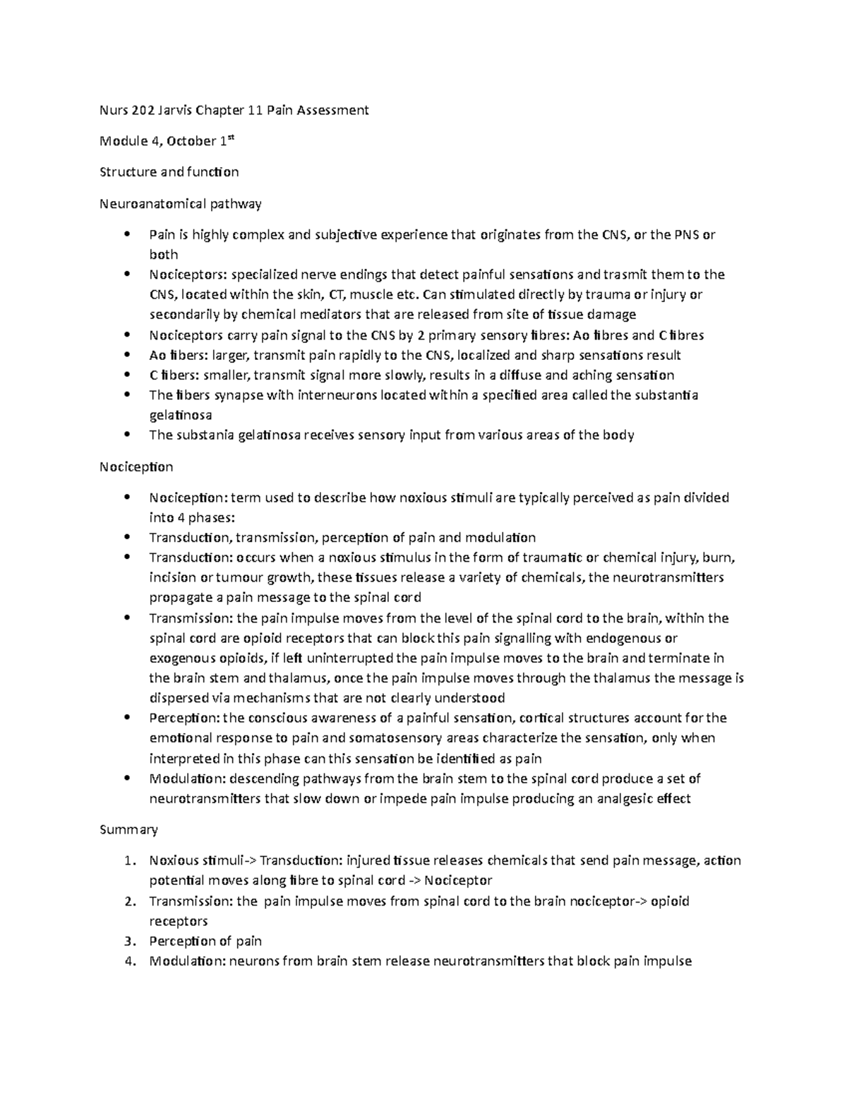 Jarvis Module 4 Chapter 11 Pain Assessment - Nurs 202 Jarvis Chapter 11 Pain Assessment Module 4 ...
