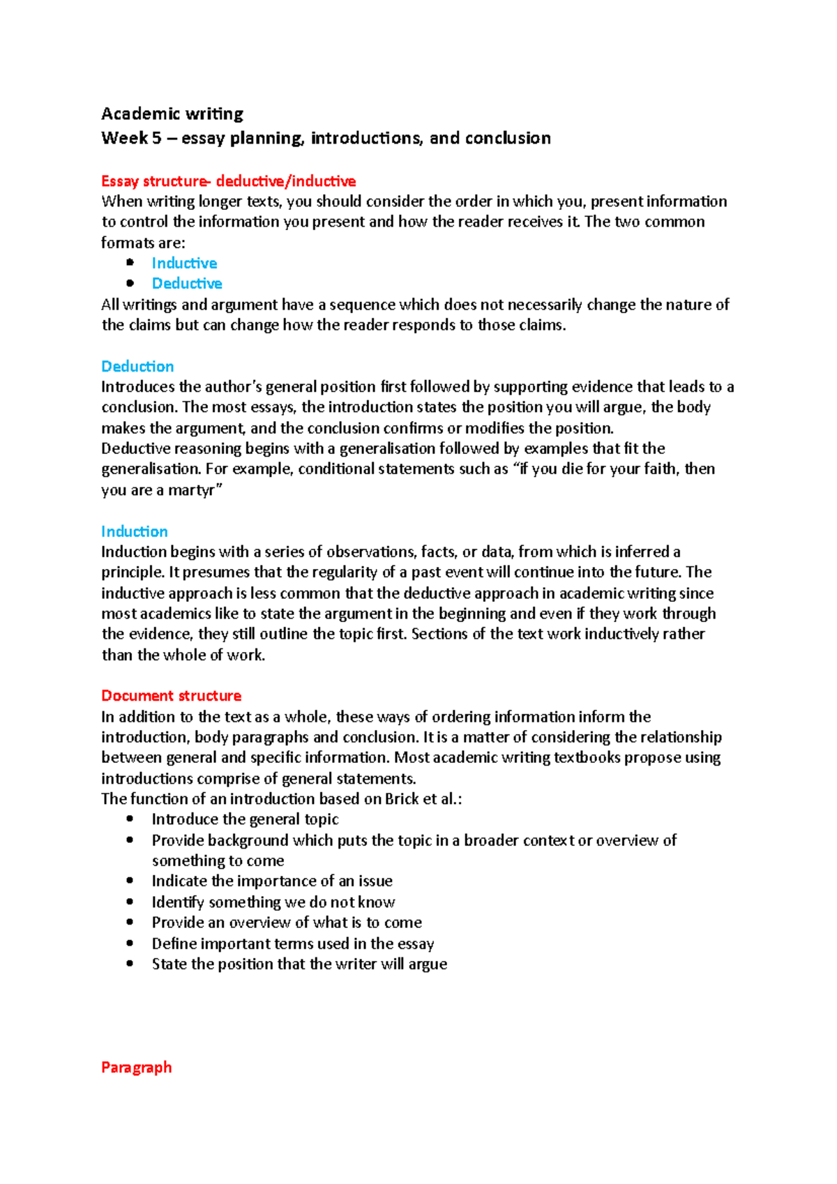 Academic writing w5 - Lecture notes 5 - Academic writing Week 5 – essay ...