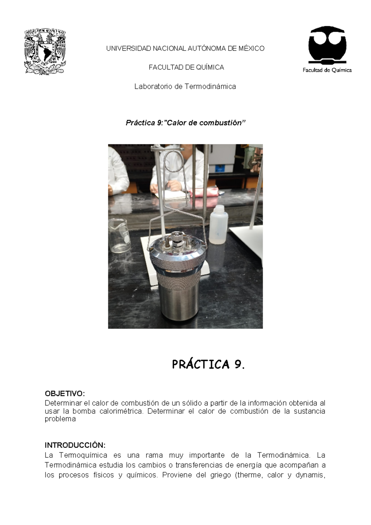 Prática 7 - Calor de combustión” - UNIVERSIDAD NACIONAL AUTÓNOMA DE ...