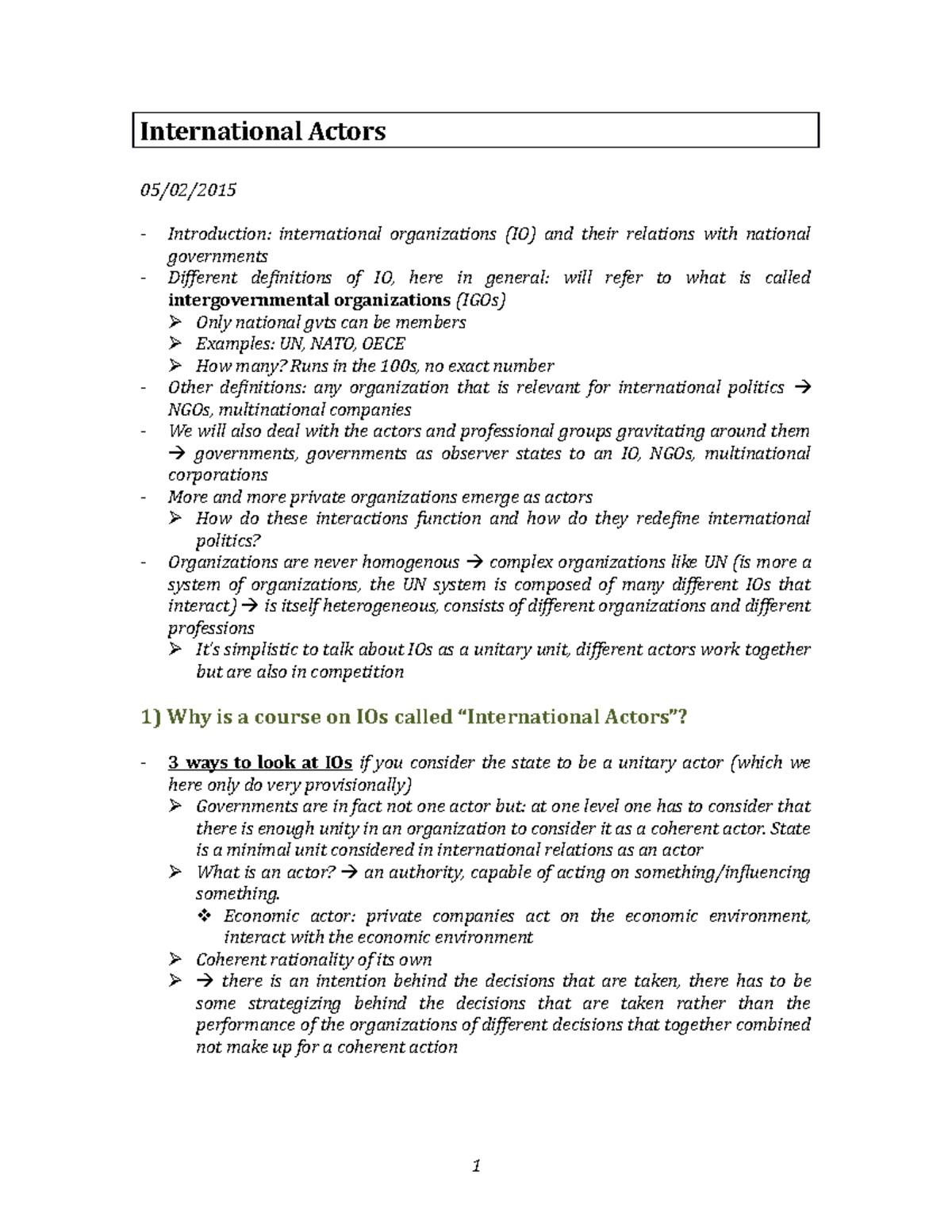 International actors - Notes de cours - Notes IA - International Actors ...