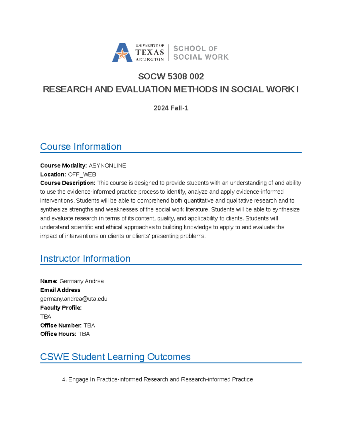 Syllabus SOCW-5308 - SOCW 5308 002 RESEARCH AND EVALUATION METHODS IN ...