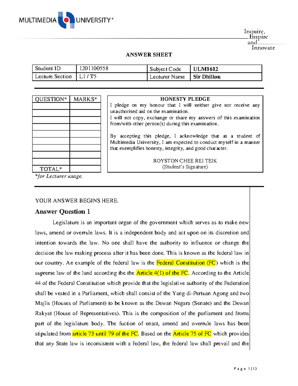 L1 12011 00558 ULM1612 - exam answer - Student ID 1201100558 Subject ...