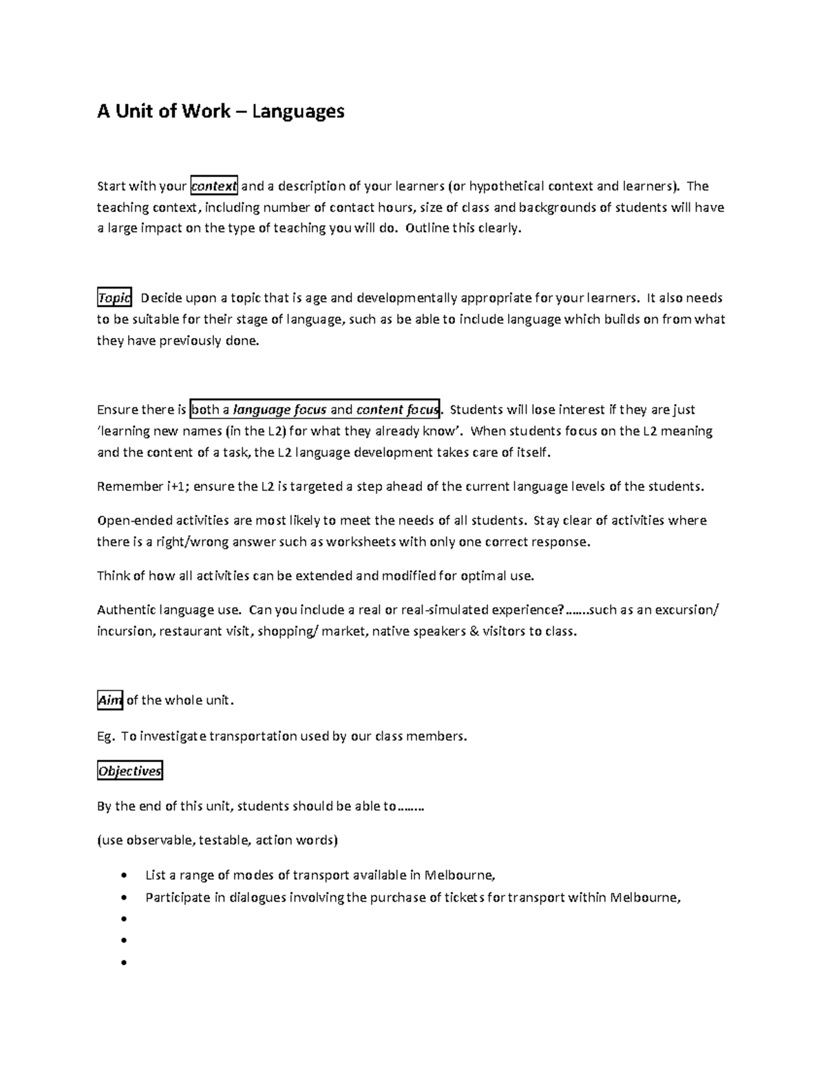 Planning a Unit of Work - Languages - A Unit of Work – Languages Start ...