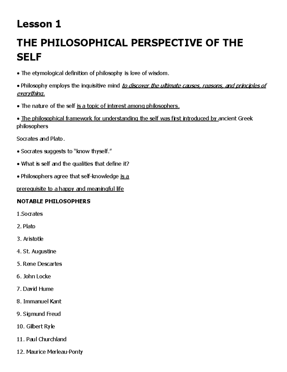 Understanding the self - Lesson 1 THE PHILOSOPHICAL PERSPECTIVE OF THE ...