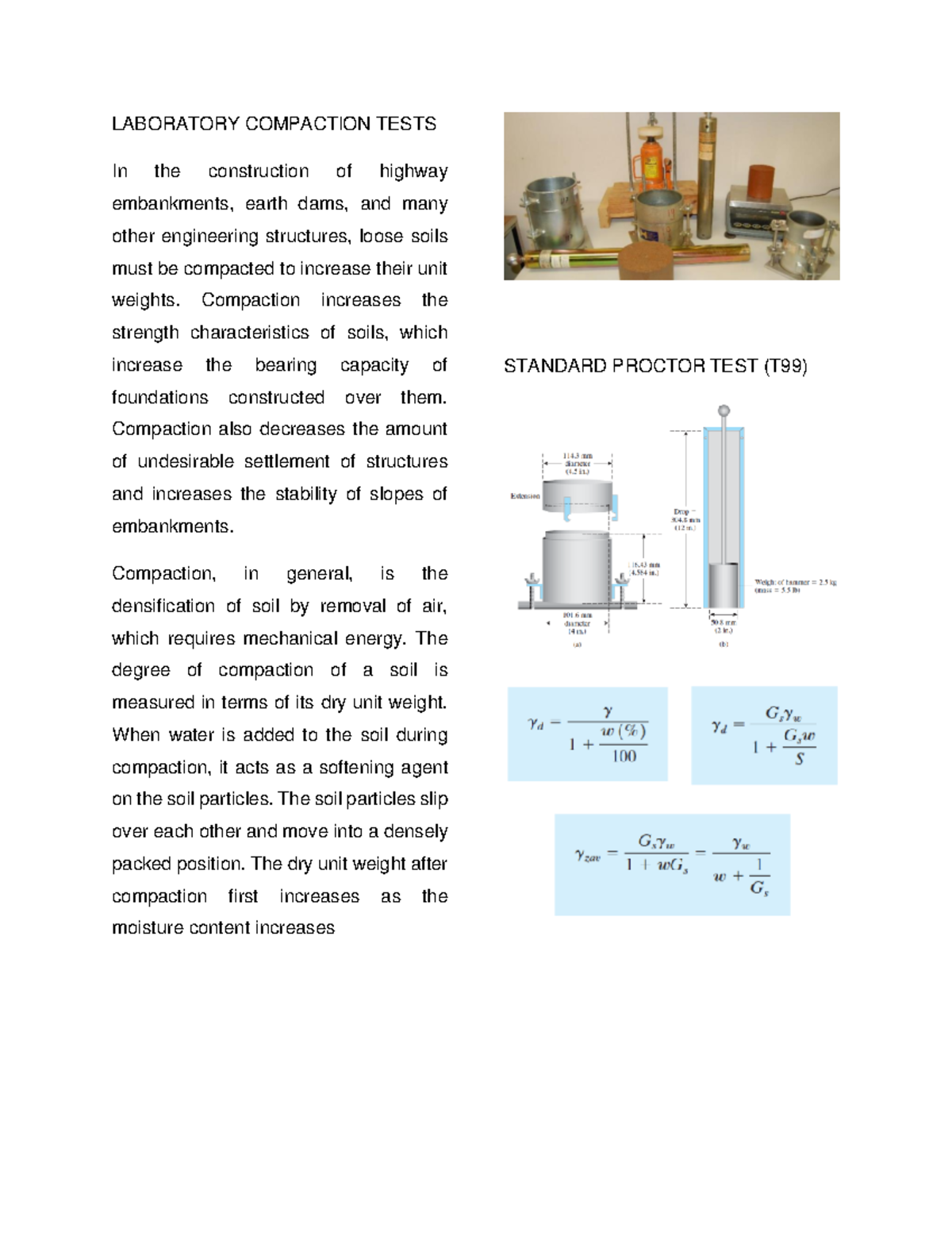 Laboratory Compaction Tests - LABORATORY COMPACTION TESTS In the ...