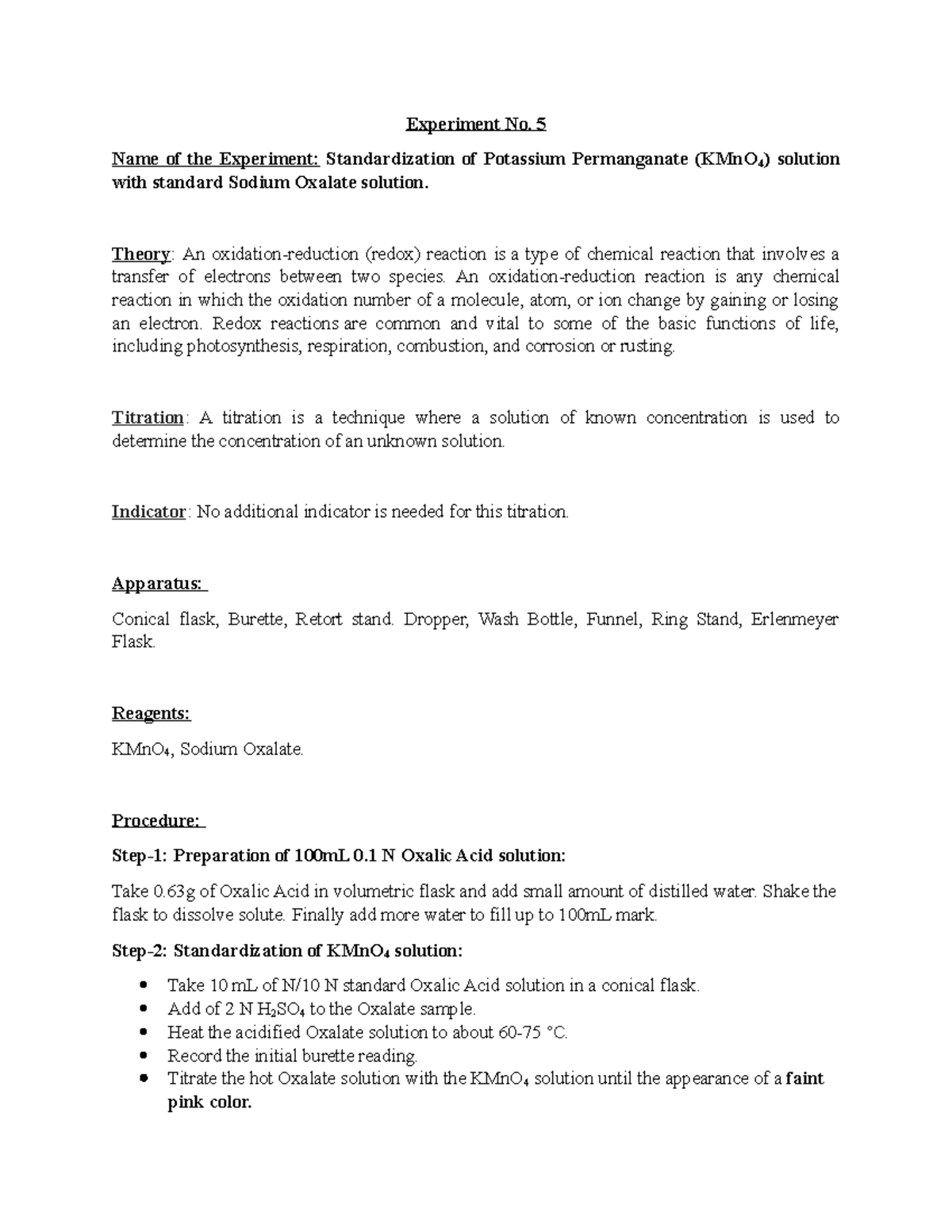 Standardization of Potassium Permanganat - Experiment No. 5 Name of the ...