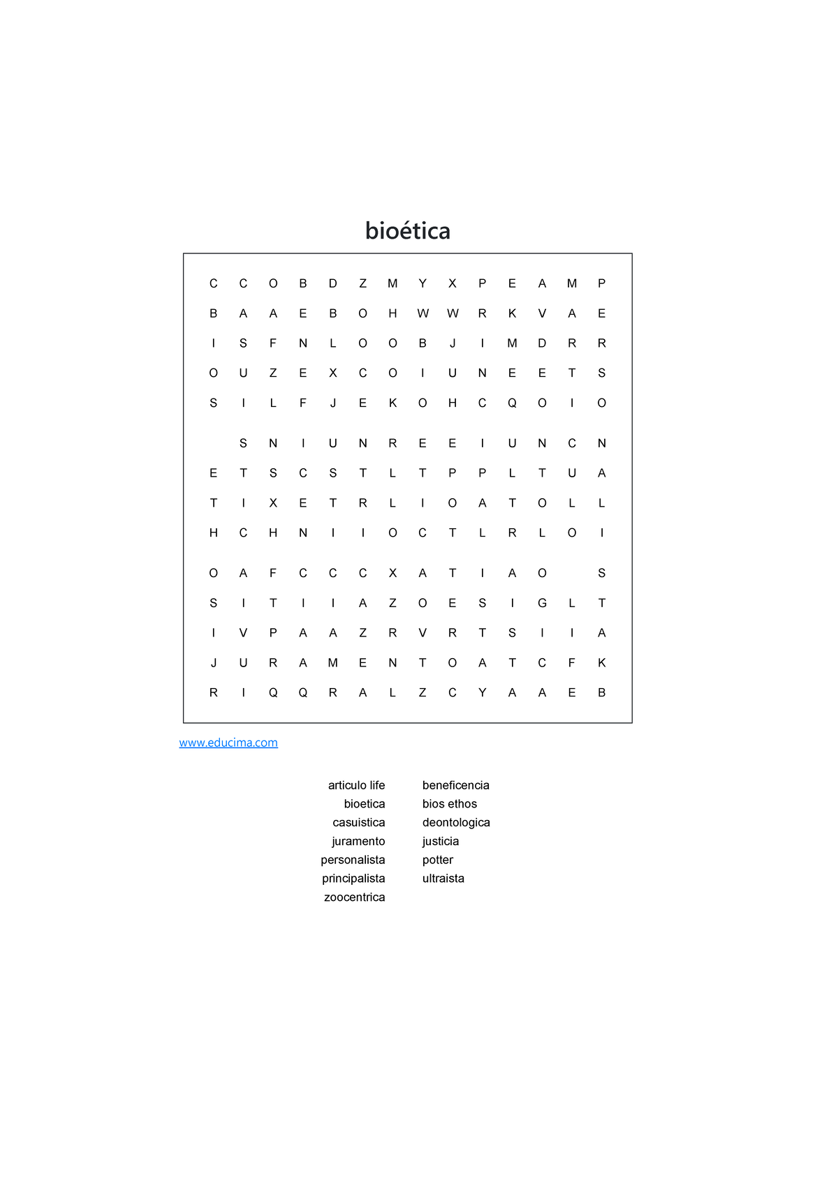 Sopa de letras - ejercicio sobre bioetica - C C O B D Z M Y X P E A M P ...
