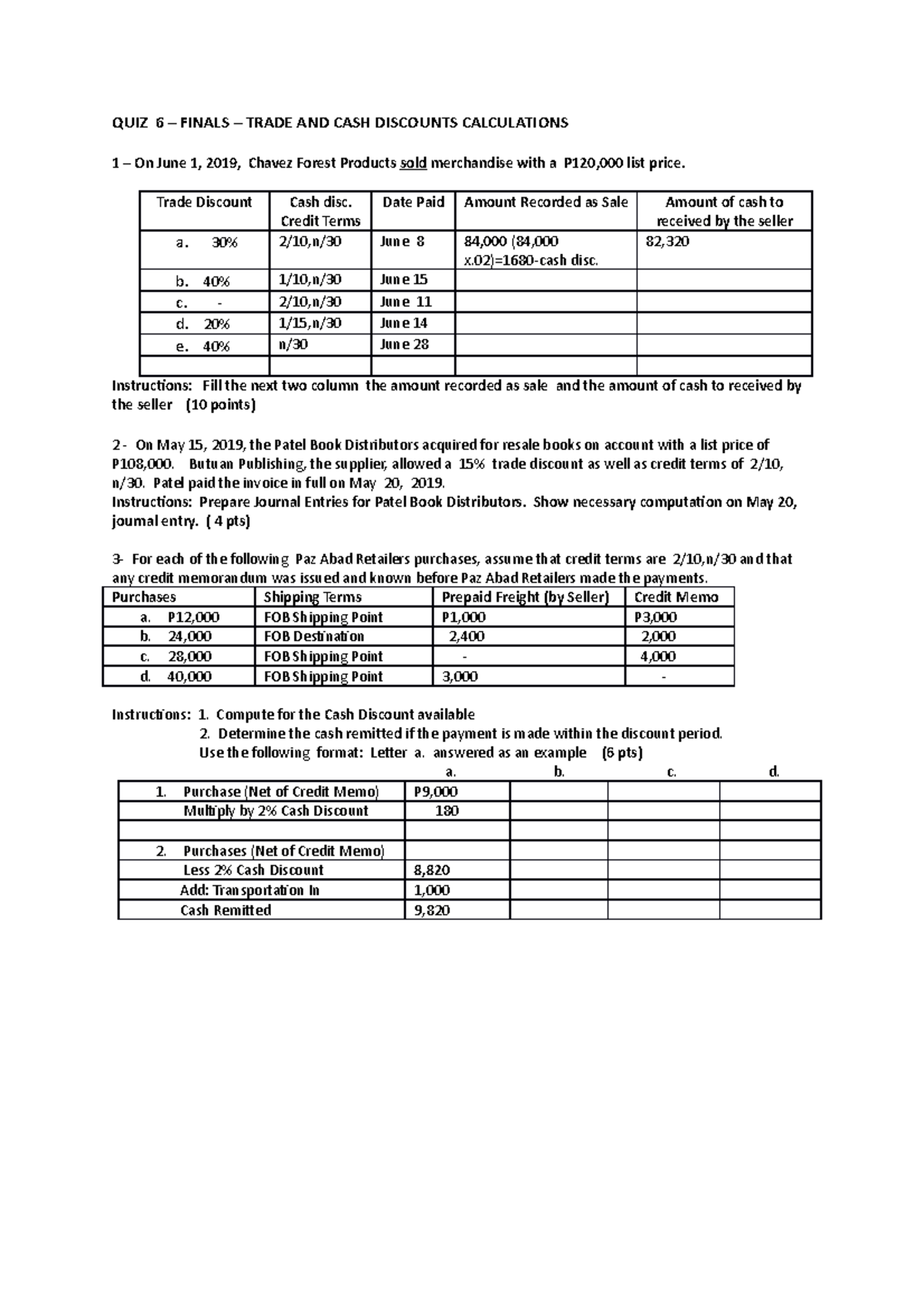 QUIZ 6 Finals CASH AND Trade Discounts Calculations QUIZ 6 FINALS quiz-6-finals-cash-and-trade-discounts-calculations-quiz-6-finals