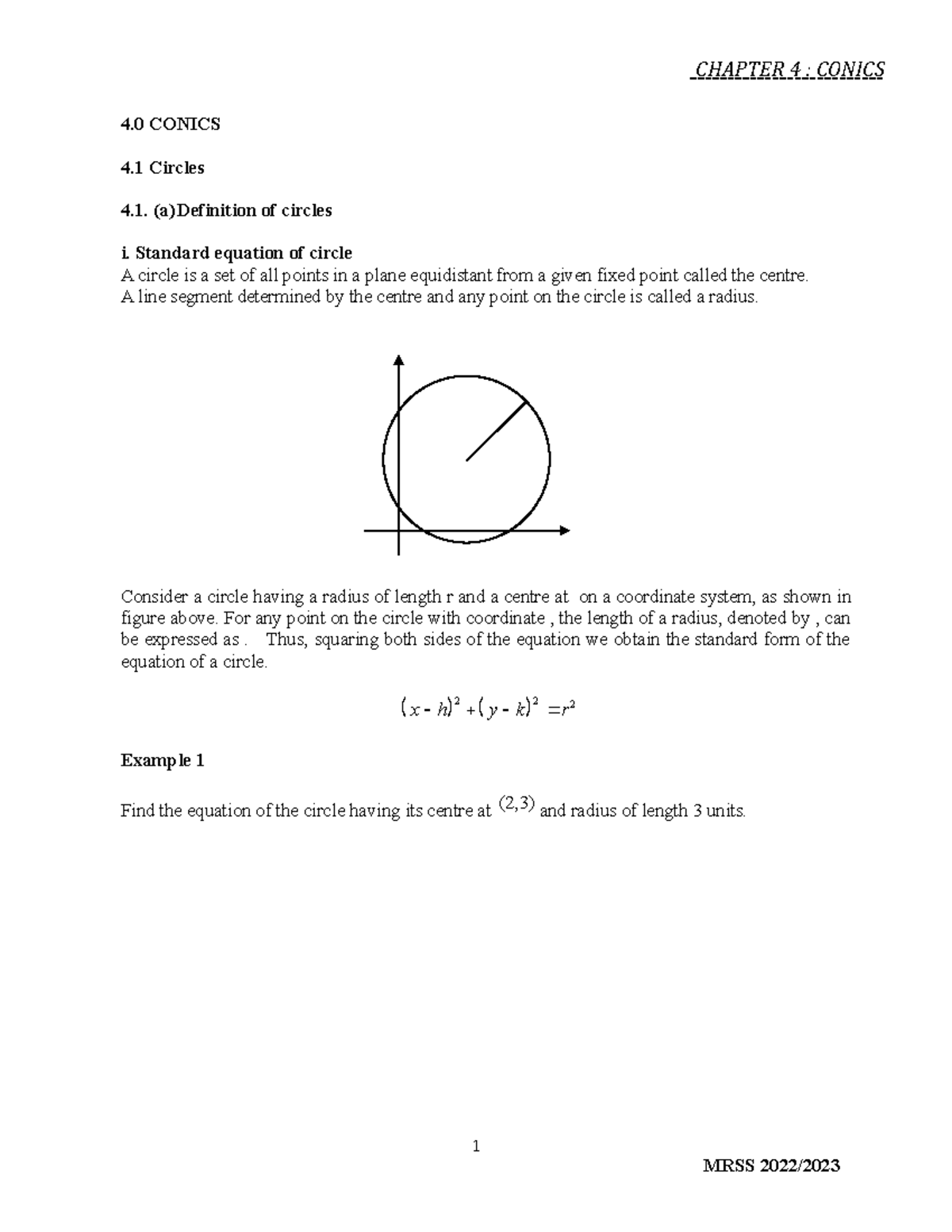 NOTE Chapter 4 - kerja - 4 CONICS 4 Circles (a)Definition of circles i ...