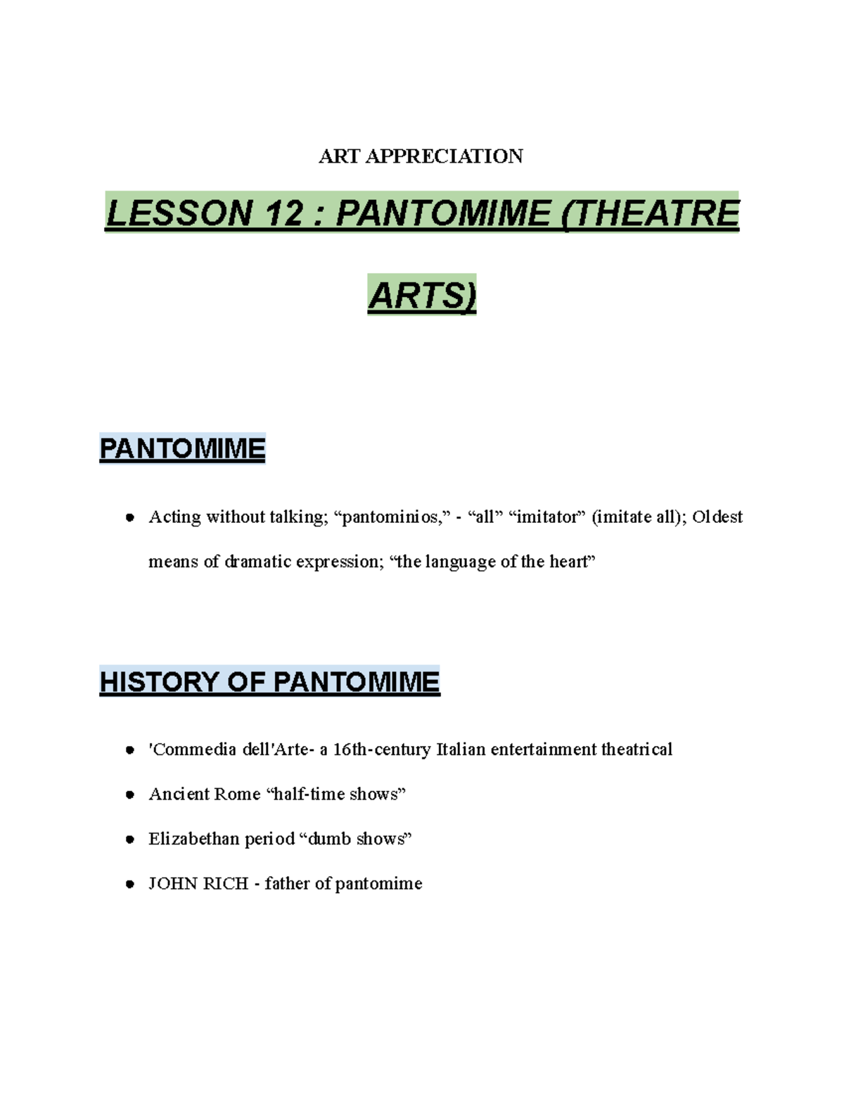 Lesson 12 - ART Appreciation - ART APPRECIATION LESSON 12 : PANTOMIME ...