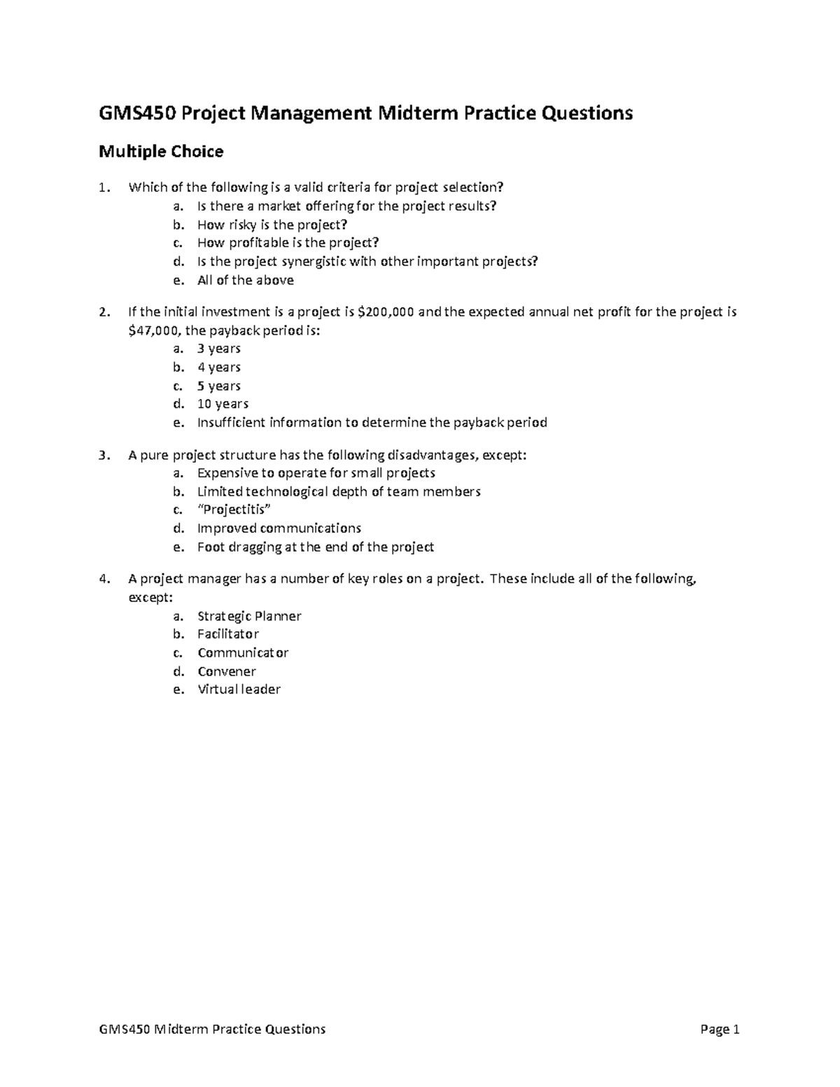 GMS450 Midterm Practice Questions F20 - GMS450 Project Management ...