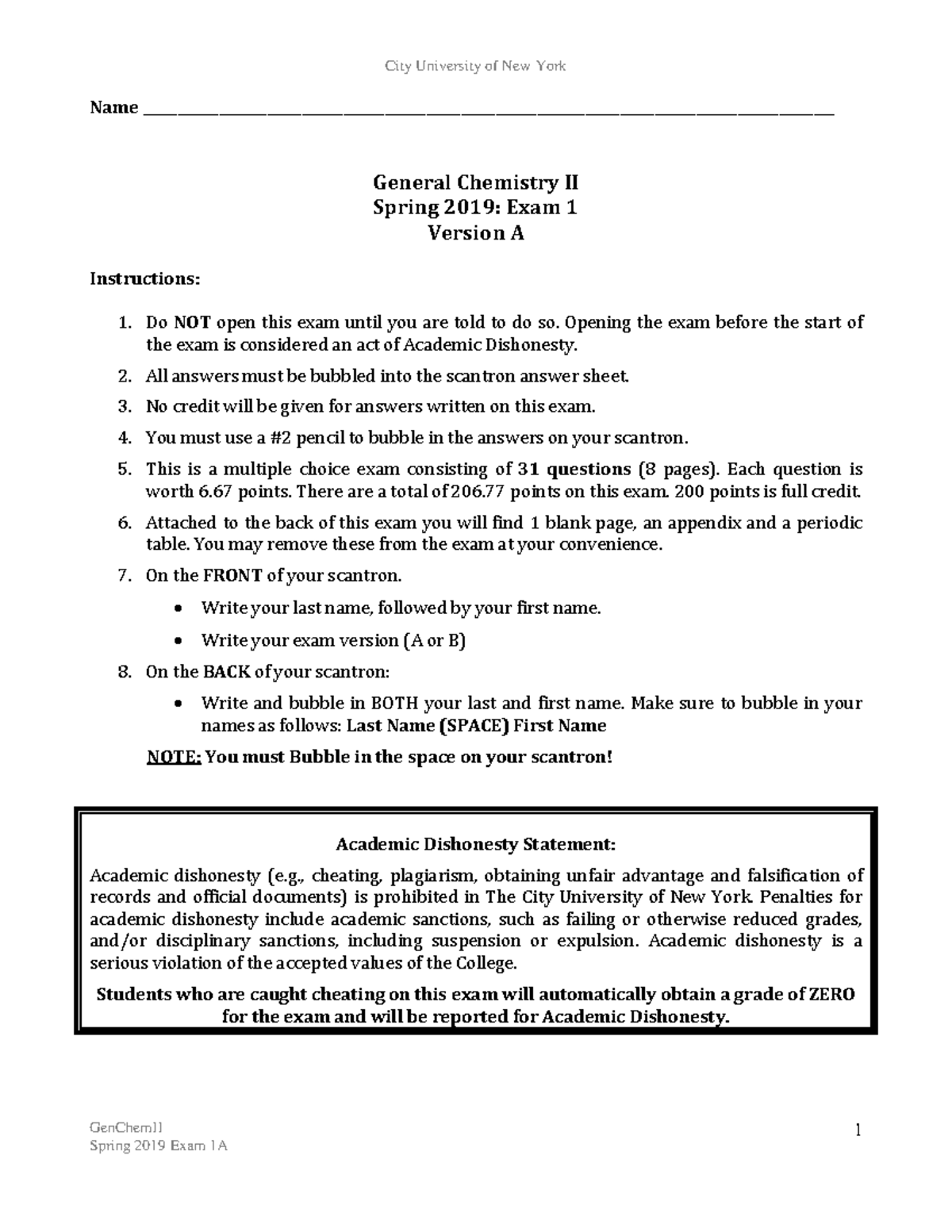 Exam one 2019, gen chem 2 - GenChemII 1 Name - Studocu