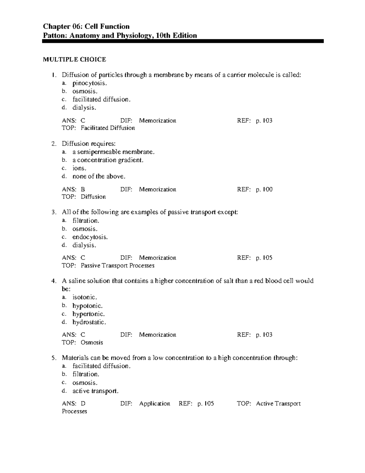 Chapter 6 - Ch 6 - Chapter 06: Cell Function Patton: Anatomy and ...