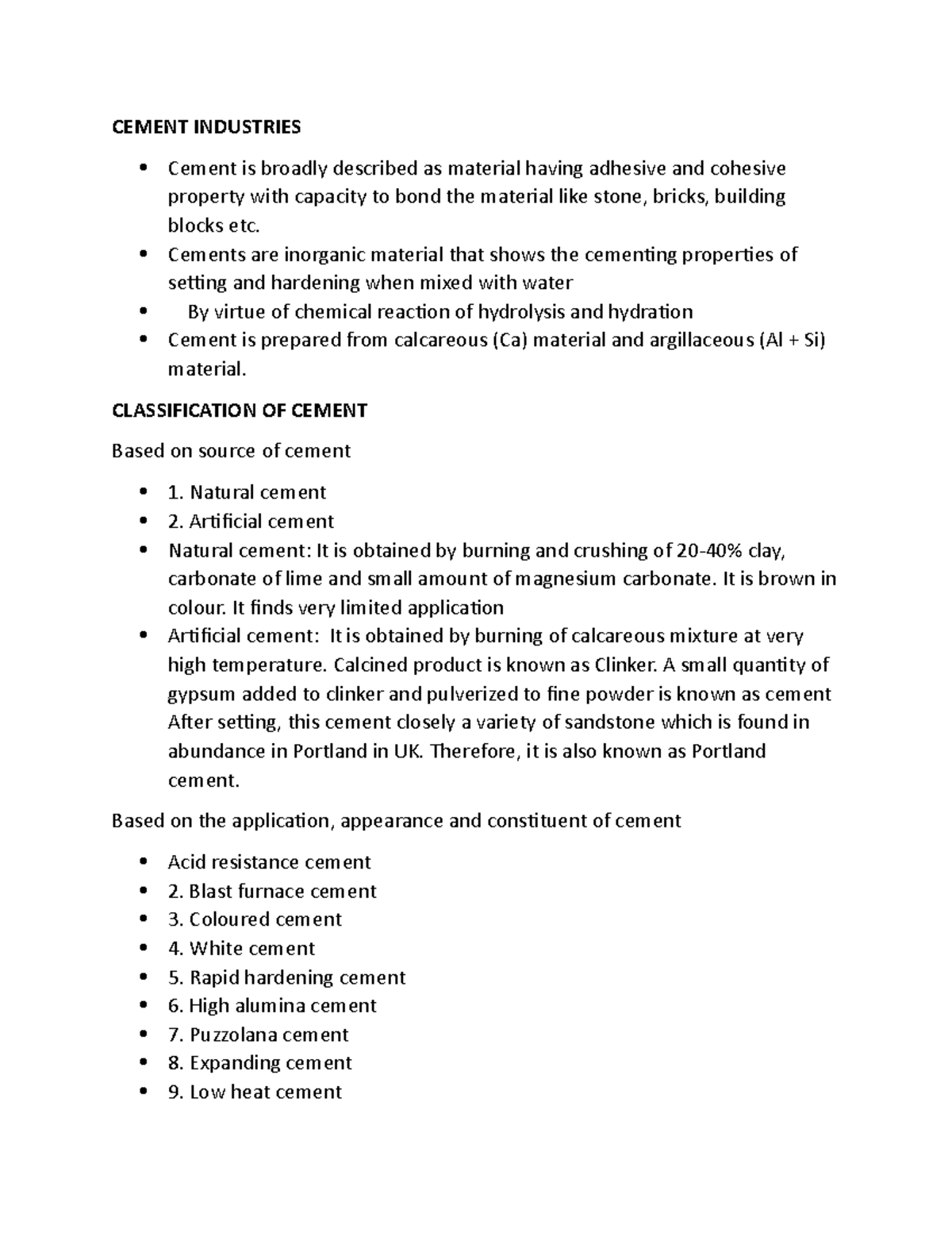 Types of Cement - Lecture notes - CEMENT INDUSTRIES Cement is broadly ...