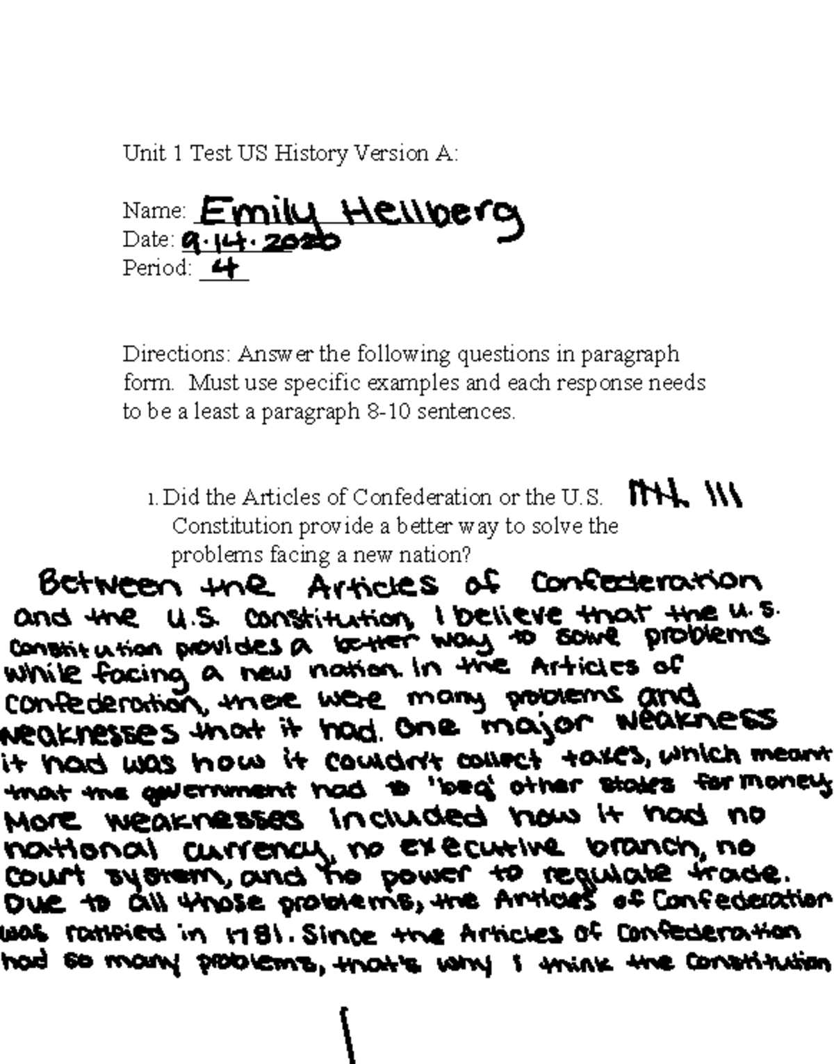 Unit 1 Test US History Version A - Must use specific examples and each ...