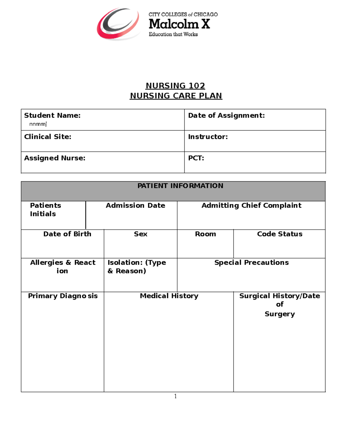Care Plan - Medication Card - NURSING 102 NURSING CARE PLAN Student ...