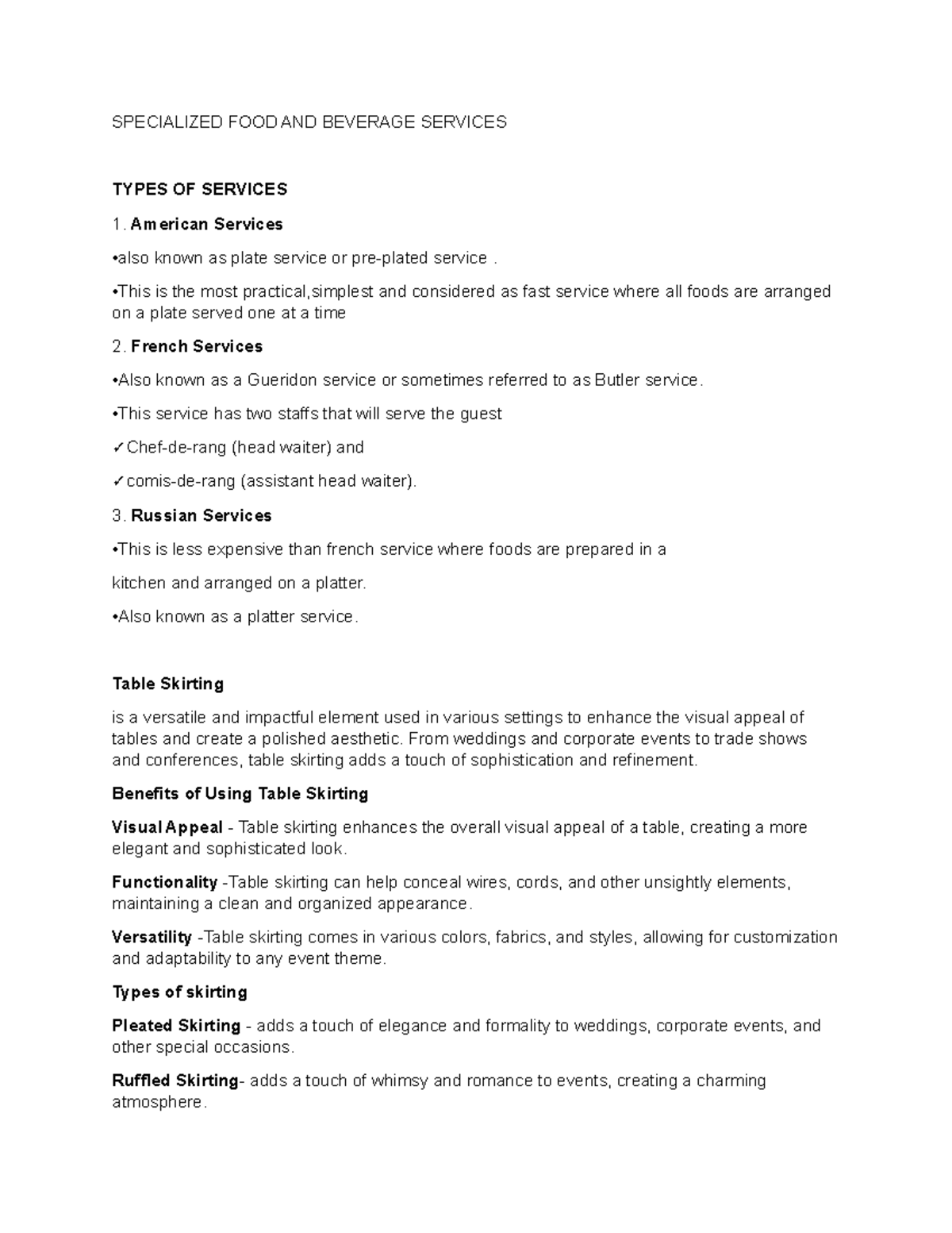 FBS Notes - SPECIALIZED FOOD AND BEVERAGE SERVICES- TOURISM MANAGEMENT ...