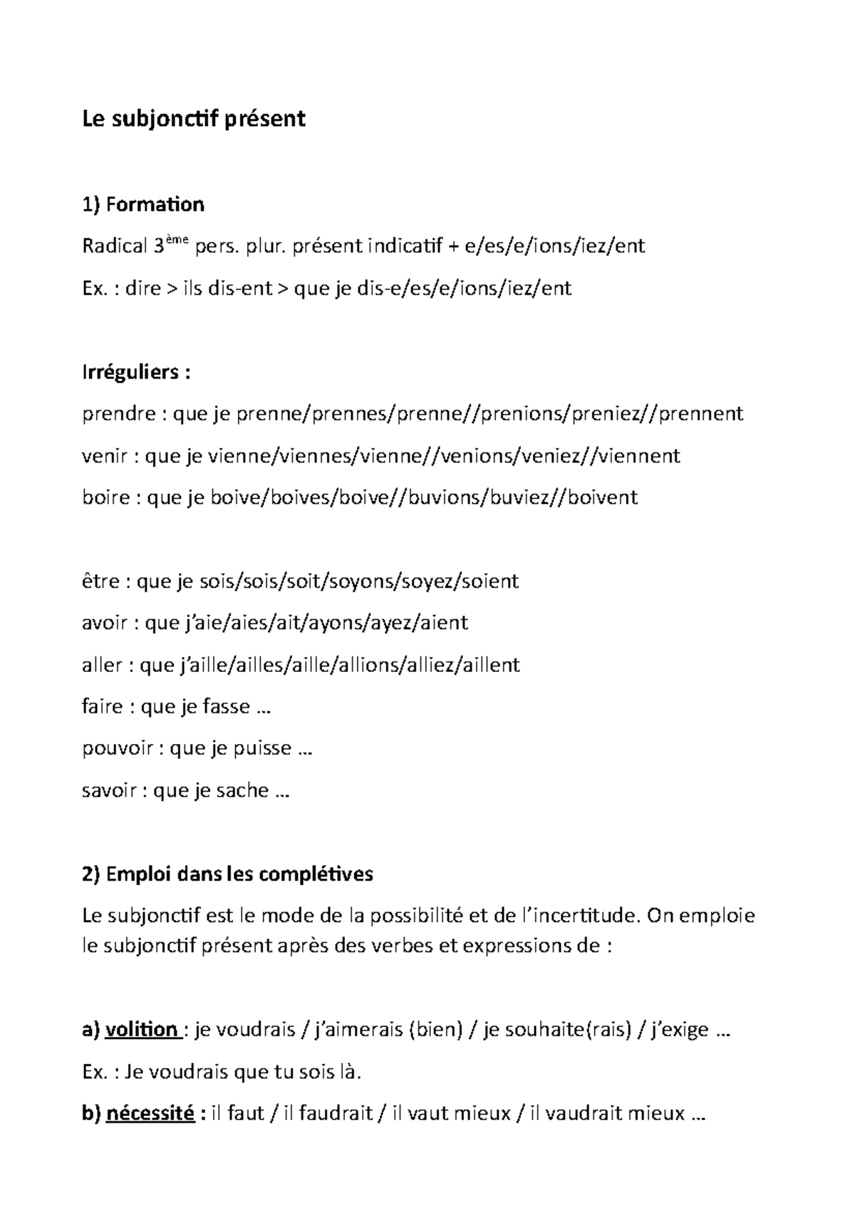 Le subjonctif présent + emploi complétives - Le subjonctif présent ...
