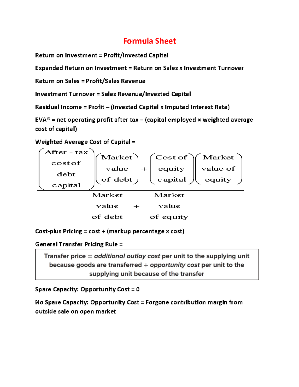 ABC Exam Formula Sheet - Formula Sheet Return on Investment = Profit ...