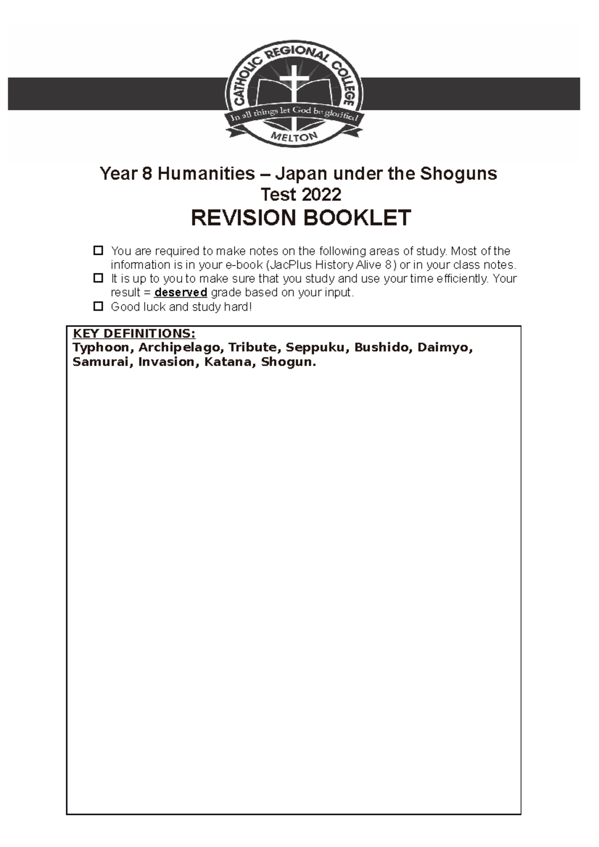 2022 Japan Revision Booklet - Year 8 Humanities – Japan under the ...