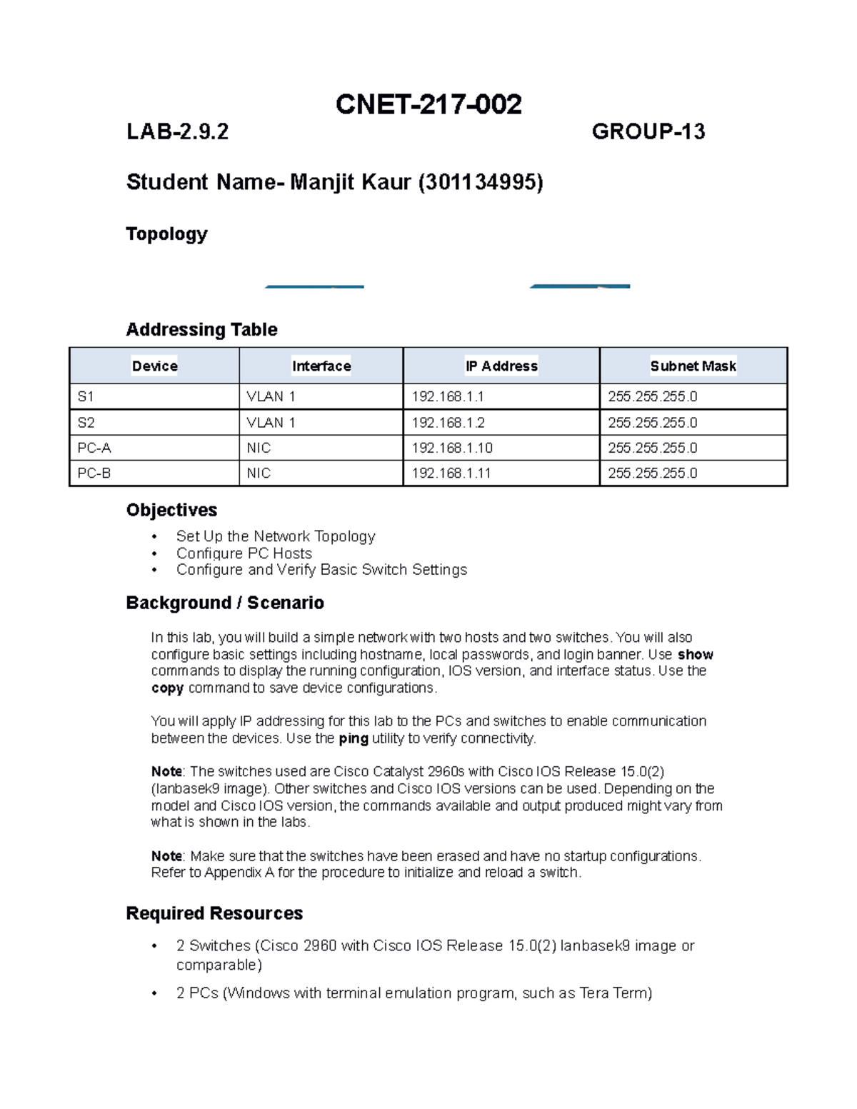 2.9.2 Lab - Basic Switch and End Device Configuration (1)-manjit - CNET-217- LAB-2.9 GROUP ...