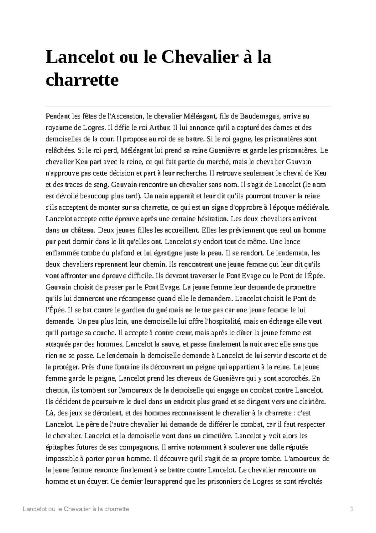 Lancelot ou le Chevalier à la charrette - Lancelot ou le Chevalier à la ...